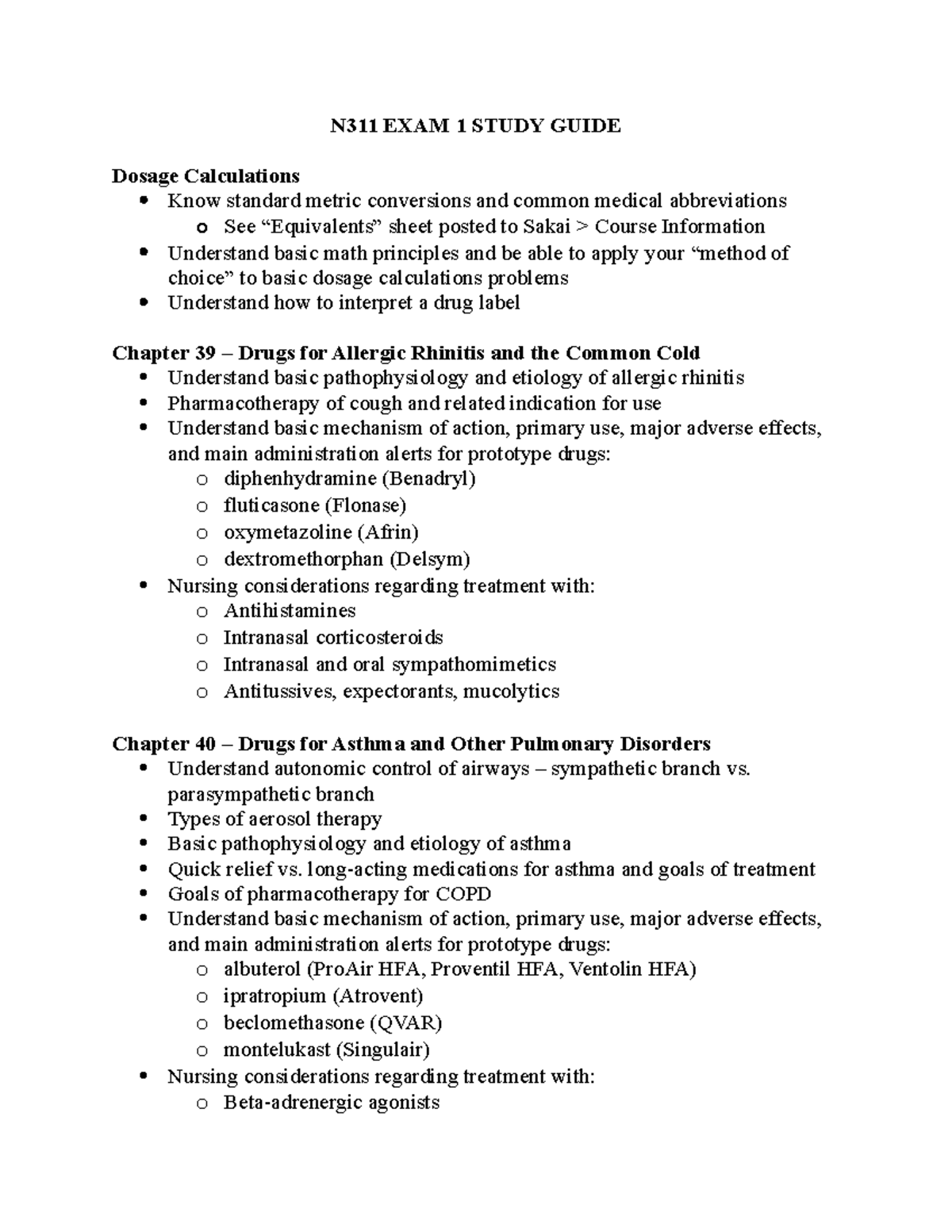 N311+Exam+1+Study+Guide - N311 EXAM 1 STUDY GUIDE Dosage Calculations ...