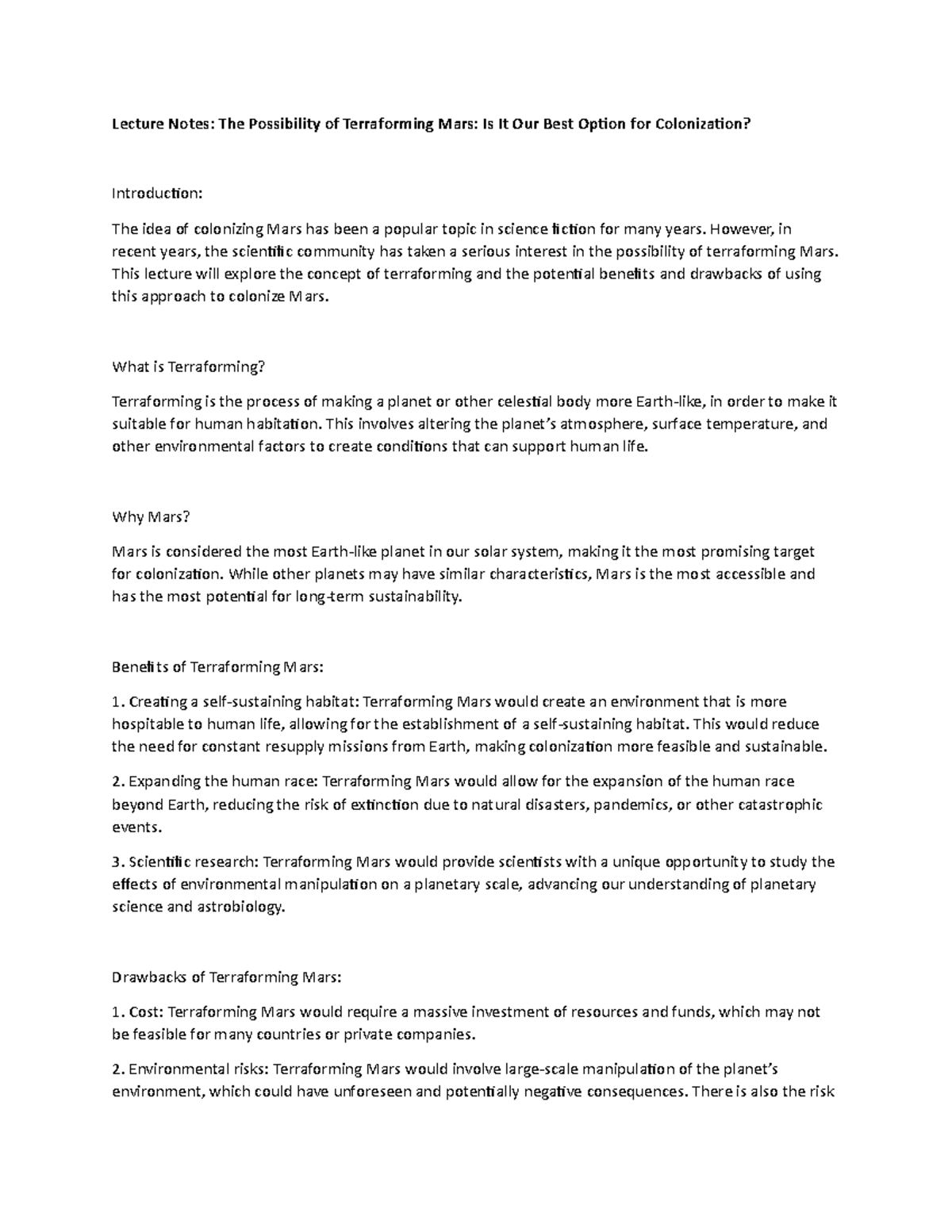 Lecture Notes: The Possibility of Terraforming Mars — Is It Our Best ...