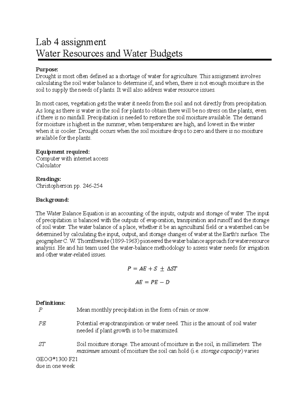 Lab 4 - Water budget Assignment F21 Corrected - GEOG*1300 F Lab 4 ...