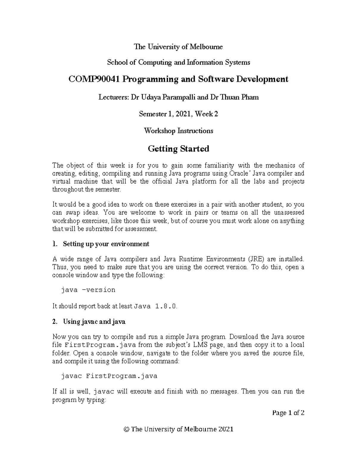 Programming and Software Development Java Lab Workshop 2 - Page 1 of 2 ...