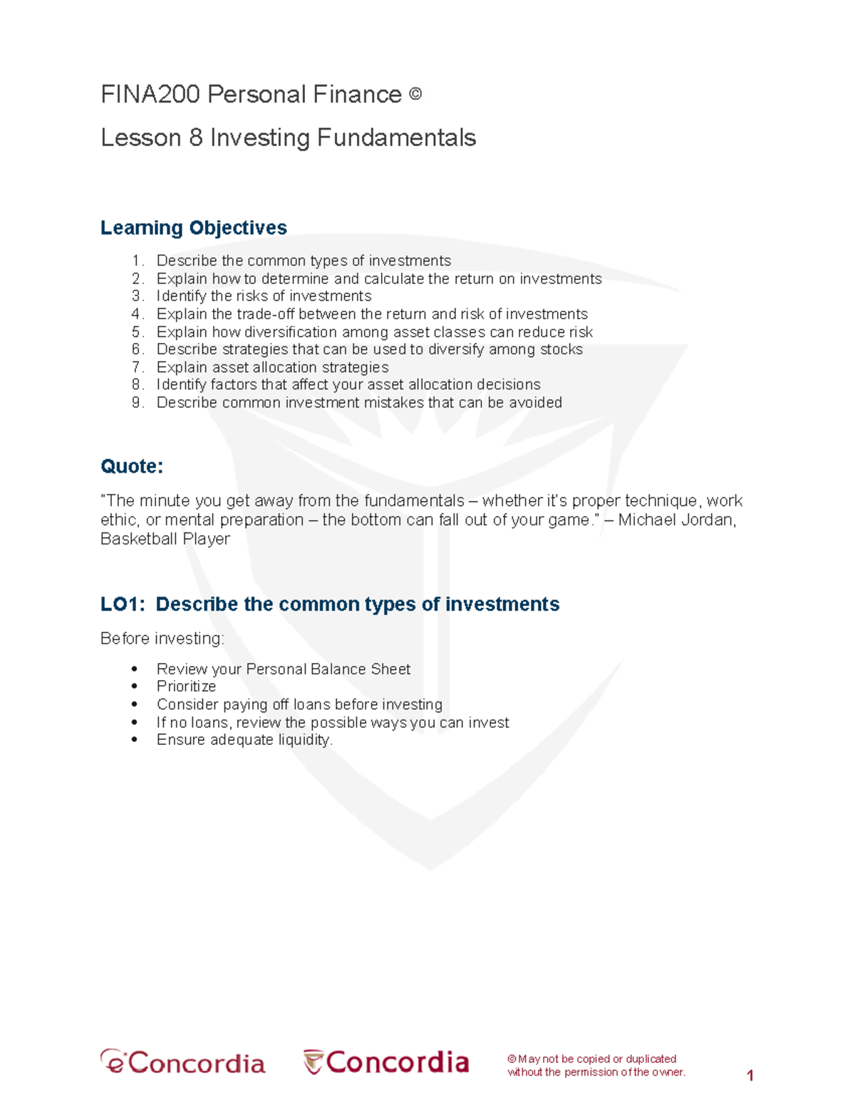 L8 Summary Notes - FINA200 Personal Finance Lesson 8 Investing ...