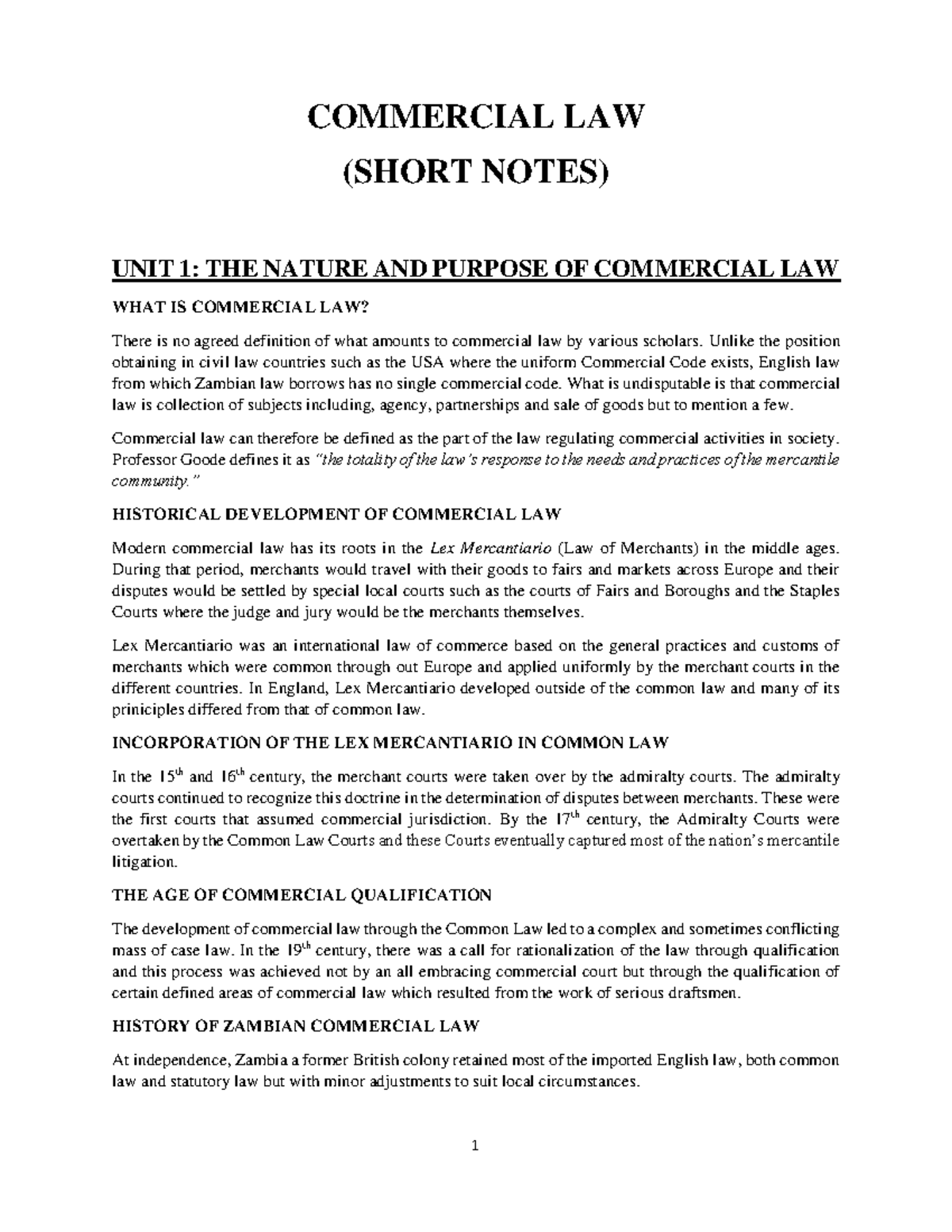 Commercial Law (Short Notes) - COMMERCIAL LAW (SHORT NOTES) UNIT 1: THE ...