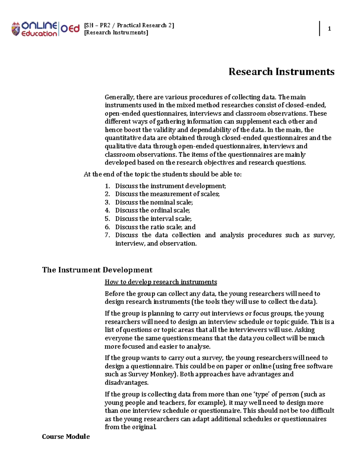 Week 013 Module Research Instruments - [SH – PR2 / Practical Research 2] [Research Instruments ...