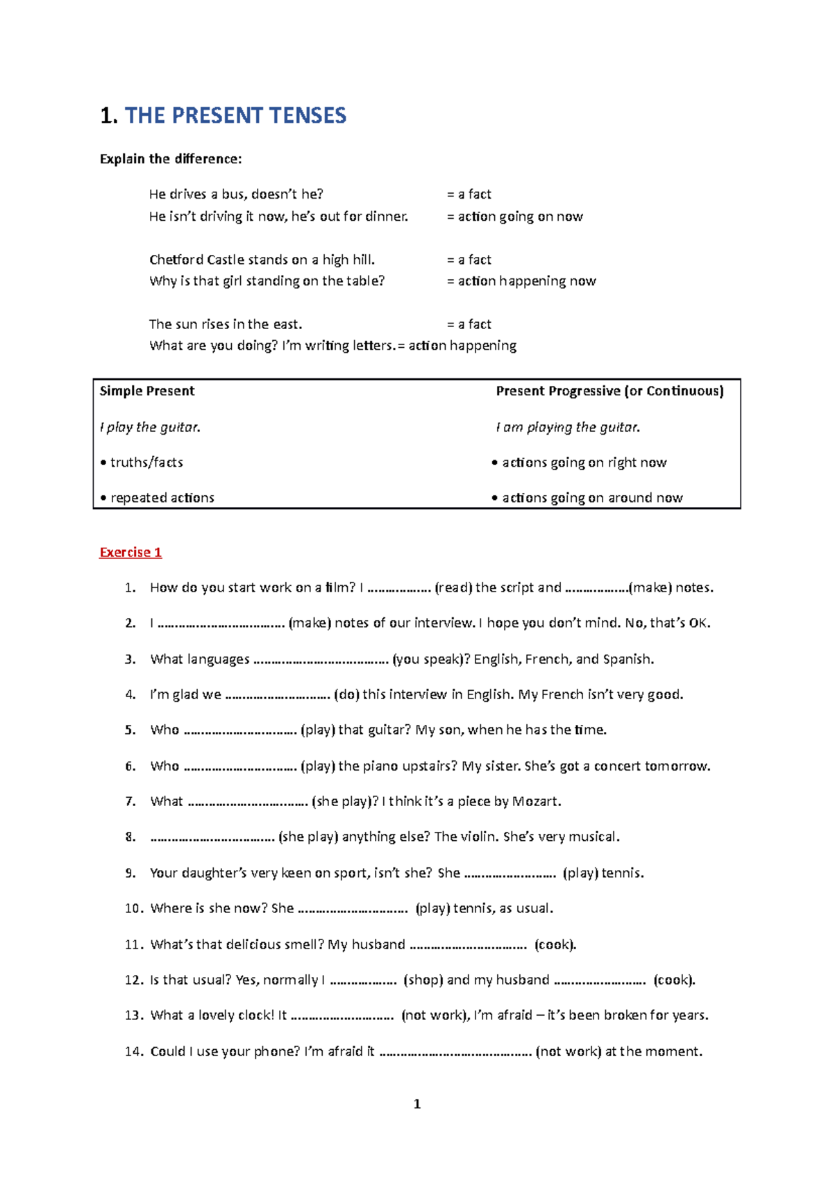 The Present and Past Tenses Theory sheet + empty exercices - 1. THE ...