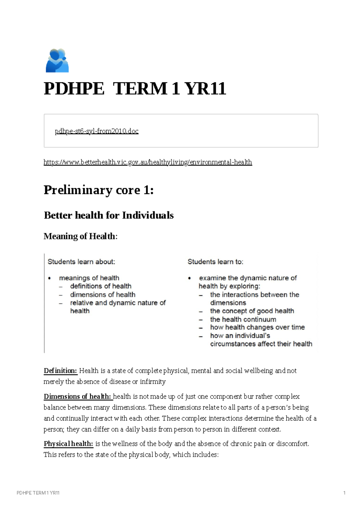 Pdhpe term 1 yr11 - better health meaning of health - 🫂 PDHPE TERM 1 YR ...