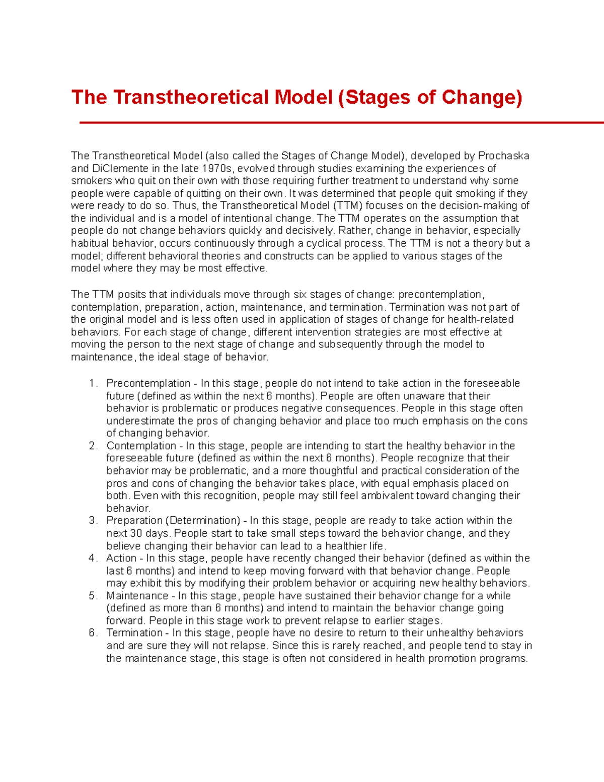 Models of CHange - The Transtheoretical Model (Stages of Change) The ...