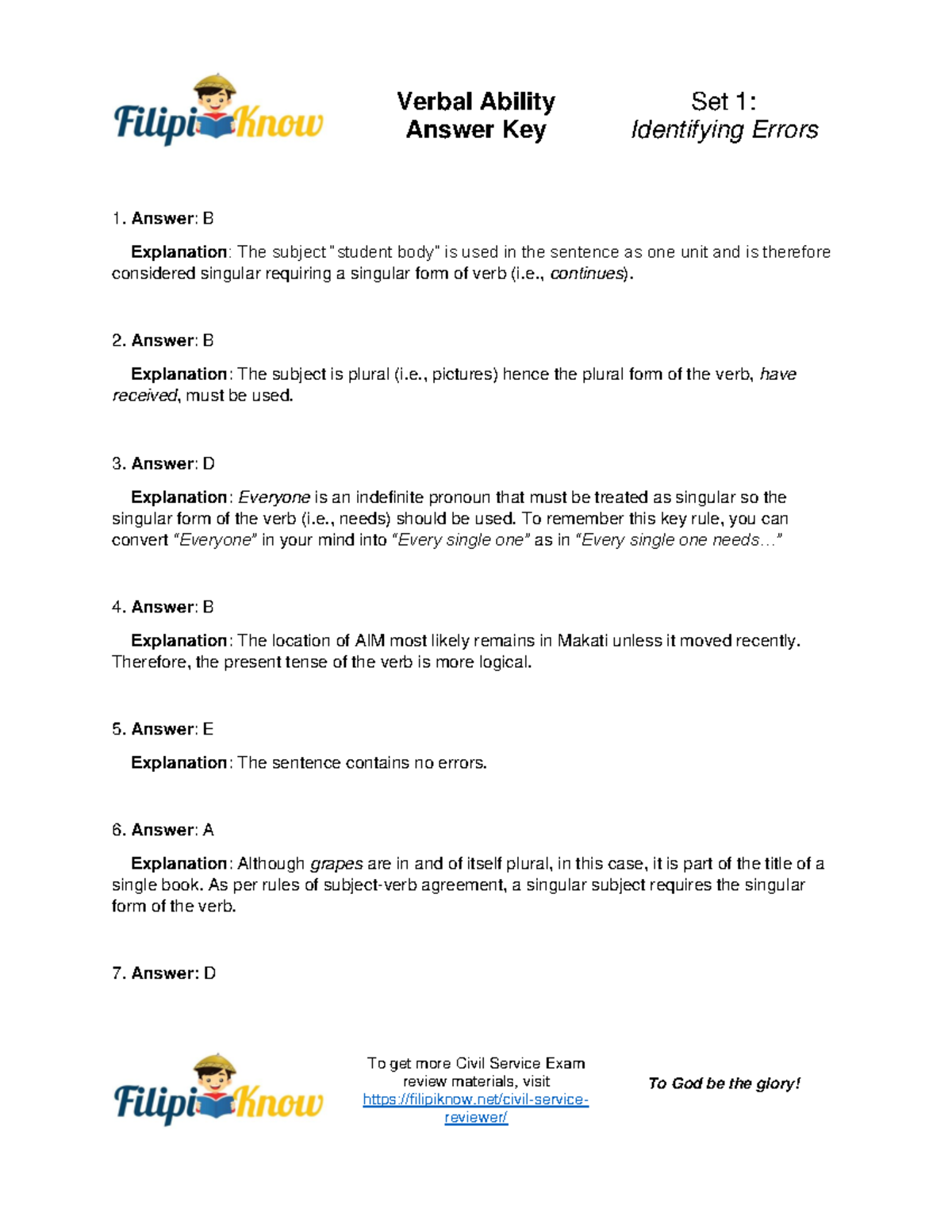 Verbal Ability Answer Key Set 1 1 - Answer Key Identifying Errors To ...
