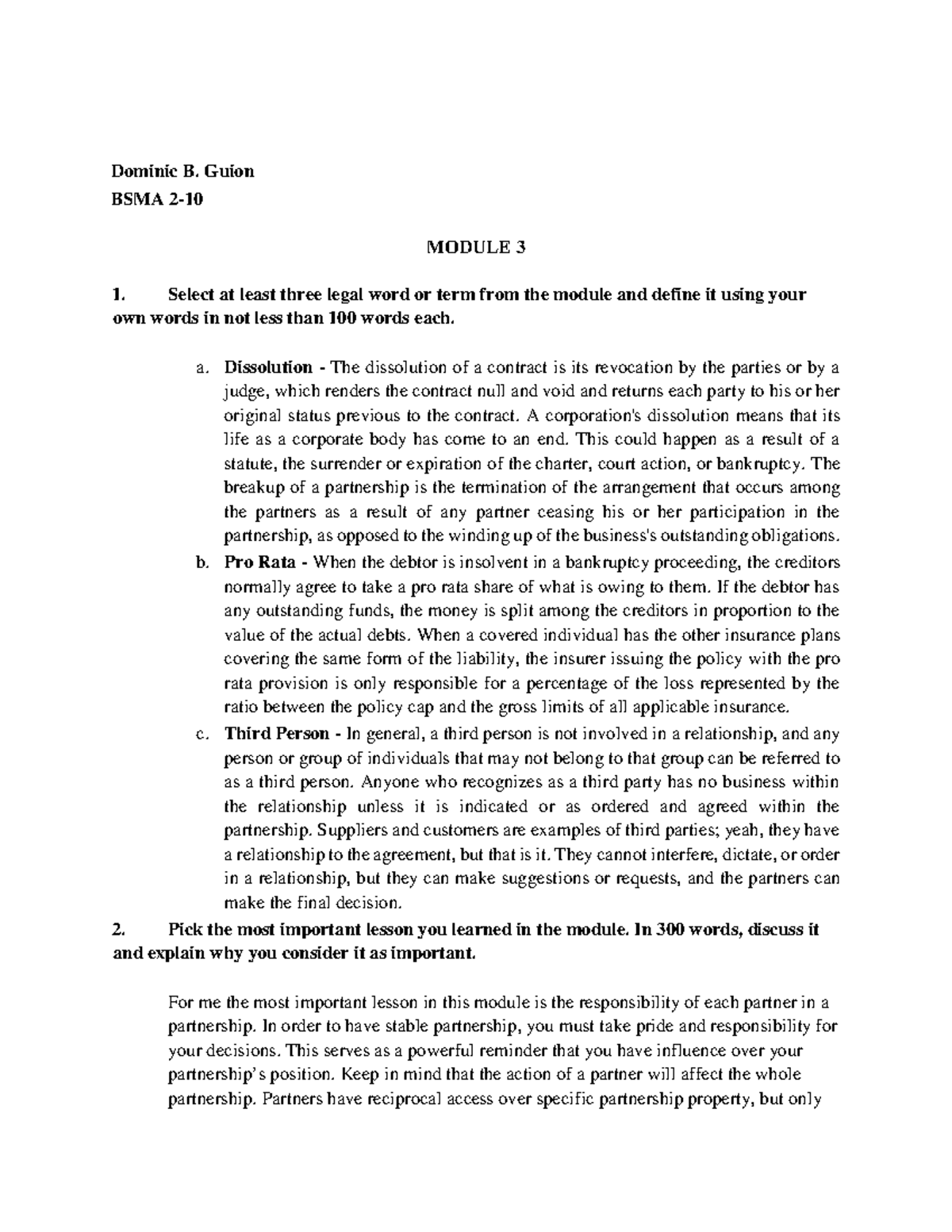 Guion, Dominic Module 3 - Dominic B. Guion BSMA 2- MODULE 3 1. Select at least three legal word ...