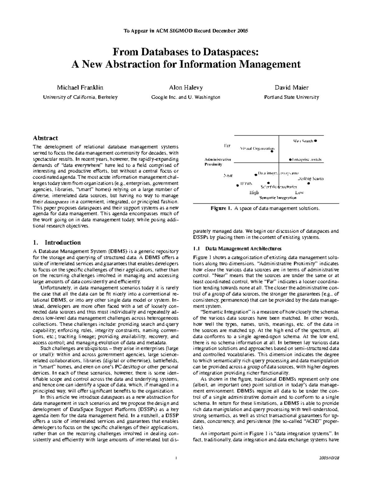 Dataspaces Dec 05 - ciencia - To Appear in ACM SIGMOD Record December 2005 From Databases to ...