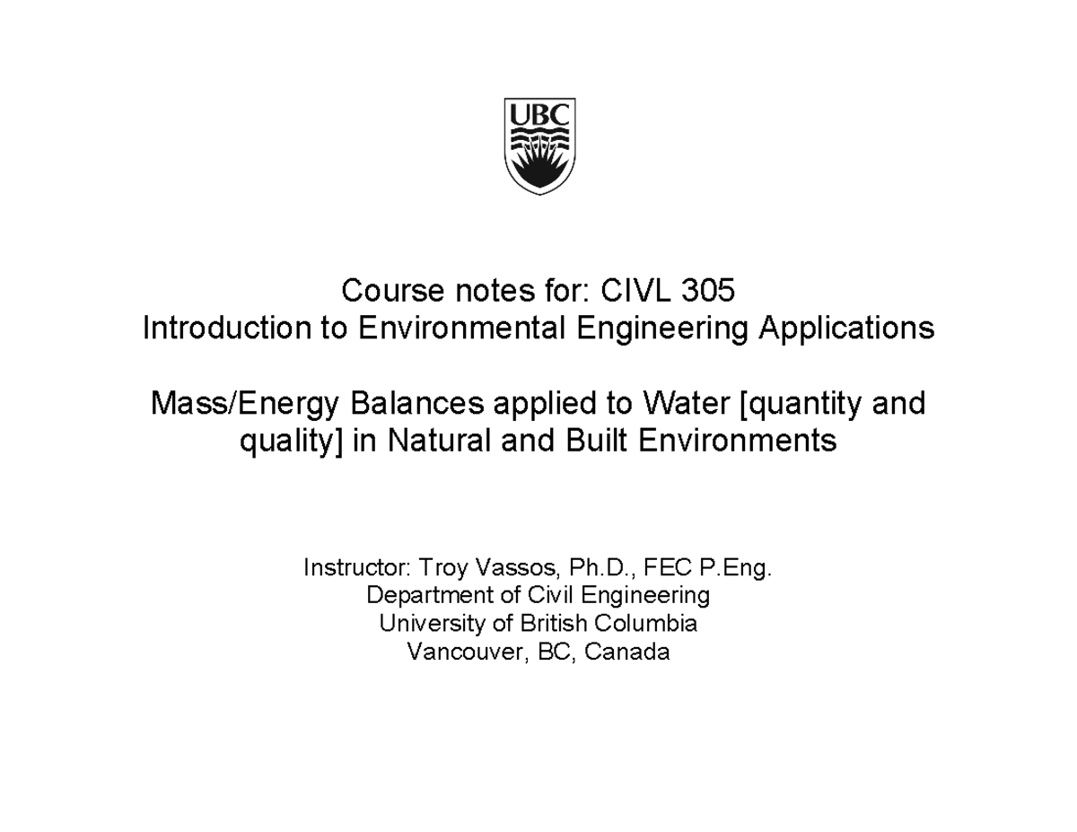 Civil 305 Classnotes - Course notes for: CIVL 305 Introduction to ...