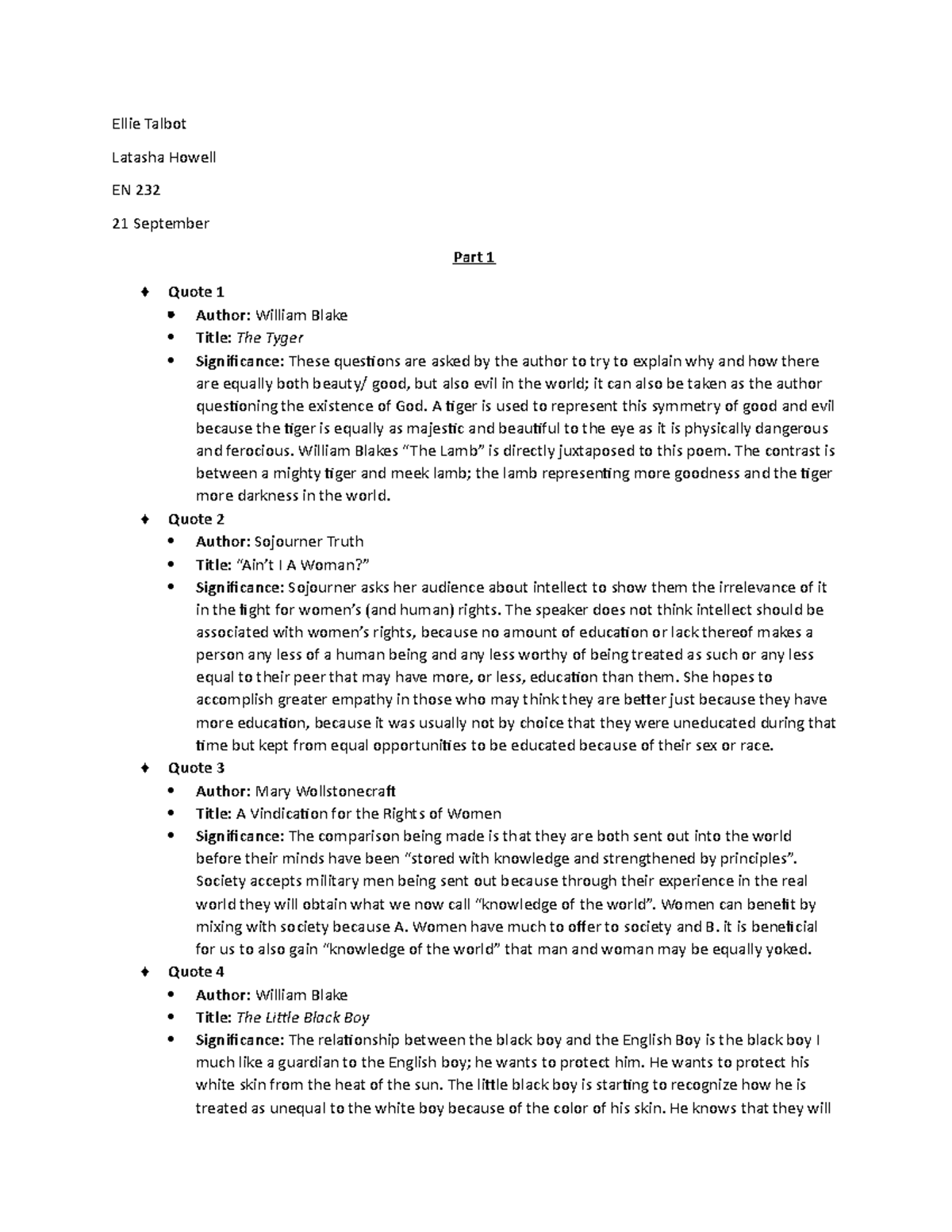 EN 232 Test 1 - EN 232 test 1 part 1 - Ellie Talbot Latasha Howell EN ...