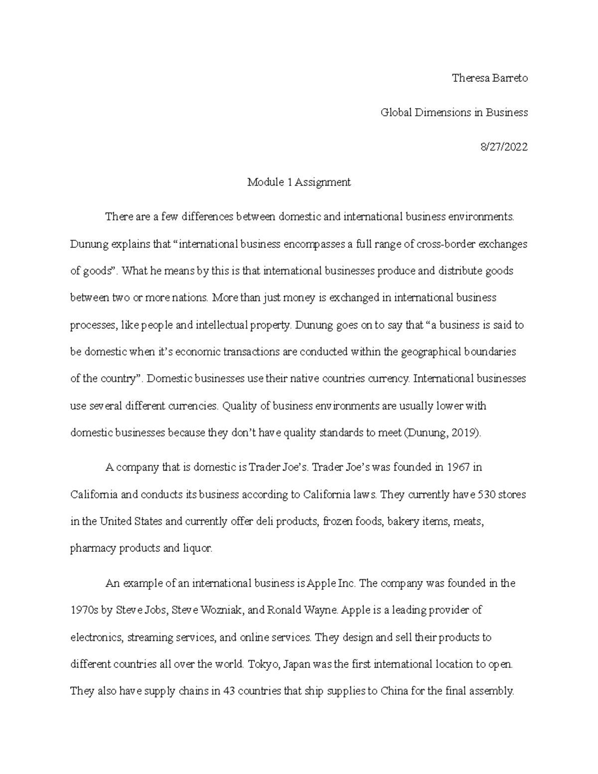 INT200 Module 1 Assignment - Theresa Barreto Global Dimensions in Business 8/27/ Module 1 ...