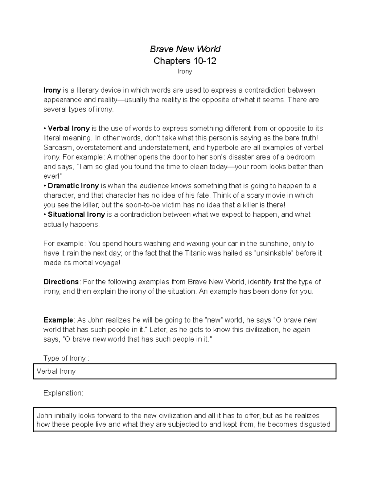 Copy of BNW chapter 10-12 Irony - Brave New World Chapters 10- Irony ...