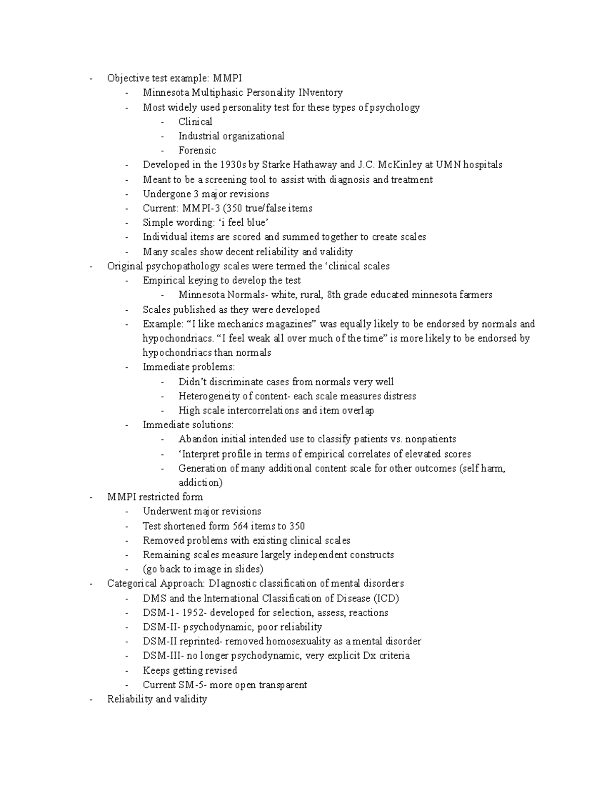 Psy #4 - Eighth lecture notes - Objective test example: MMPI Minnesota ...