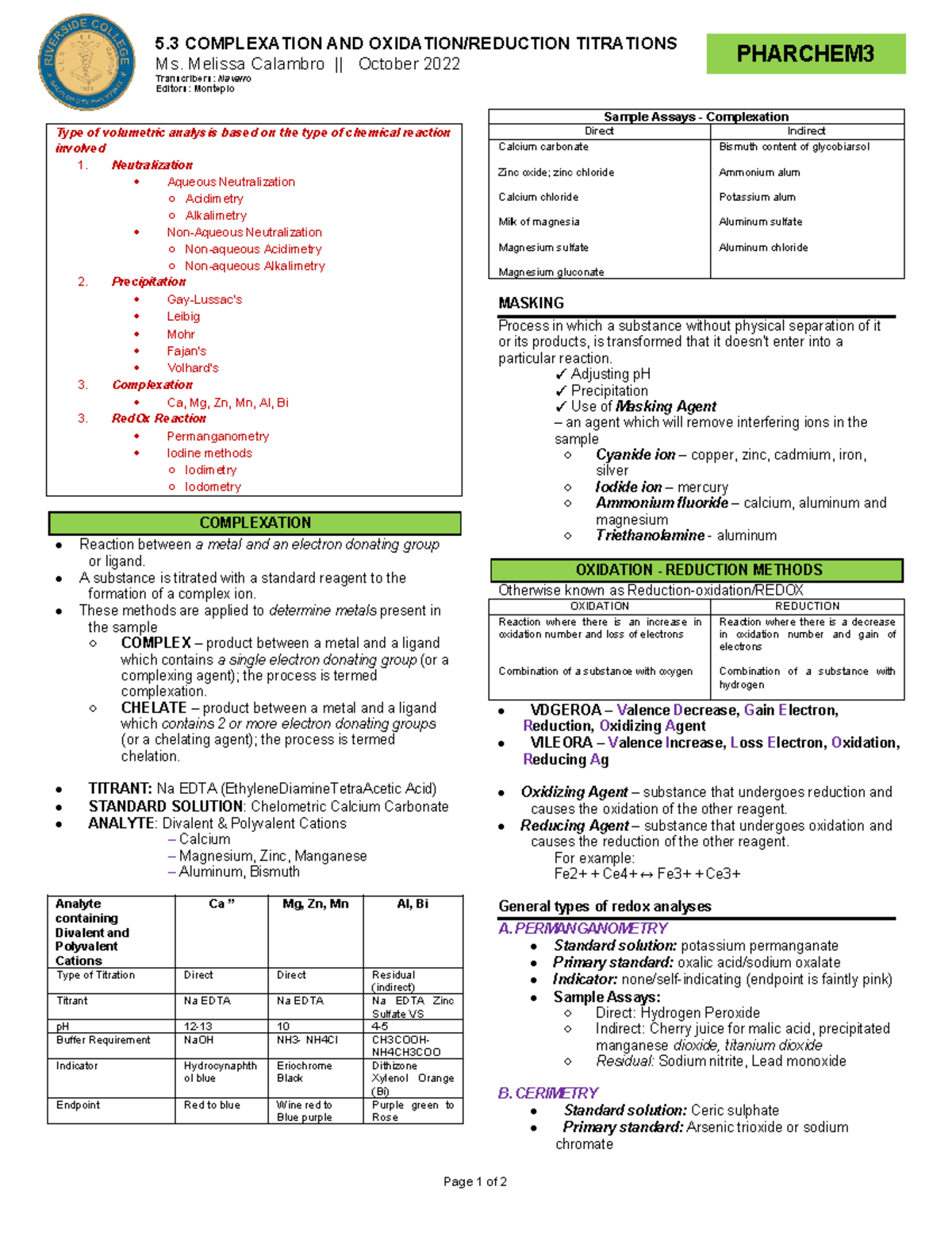 5.3 Complexation AND Oxidation OR Reduction Titrations - 5 COMPLEXATION ...