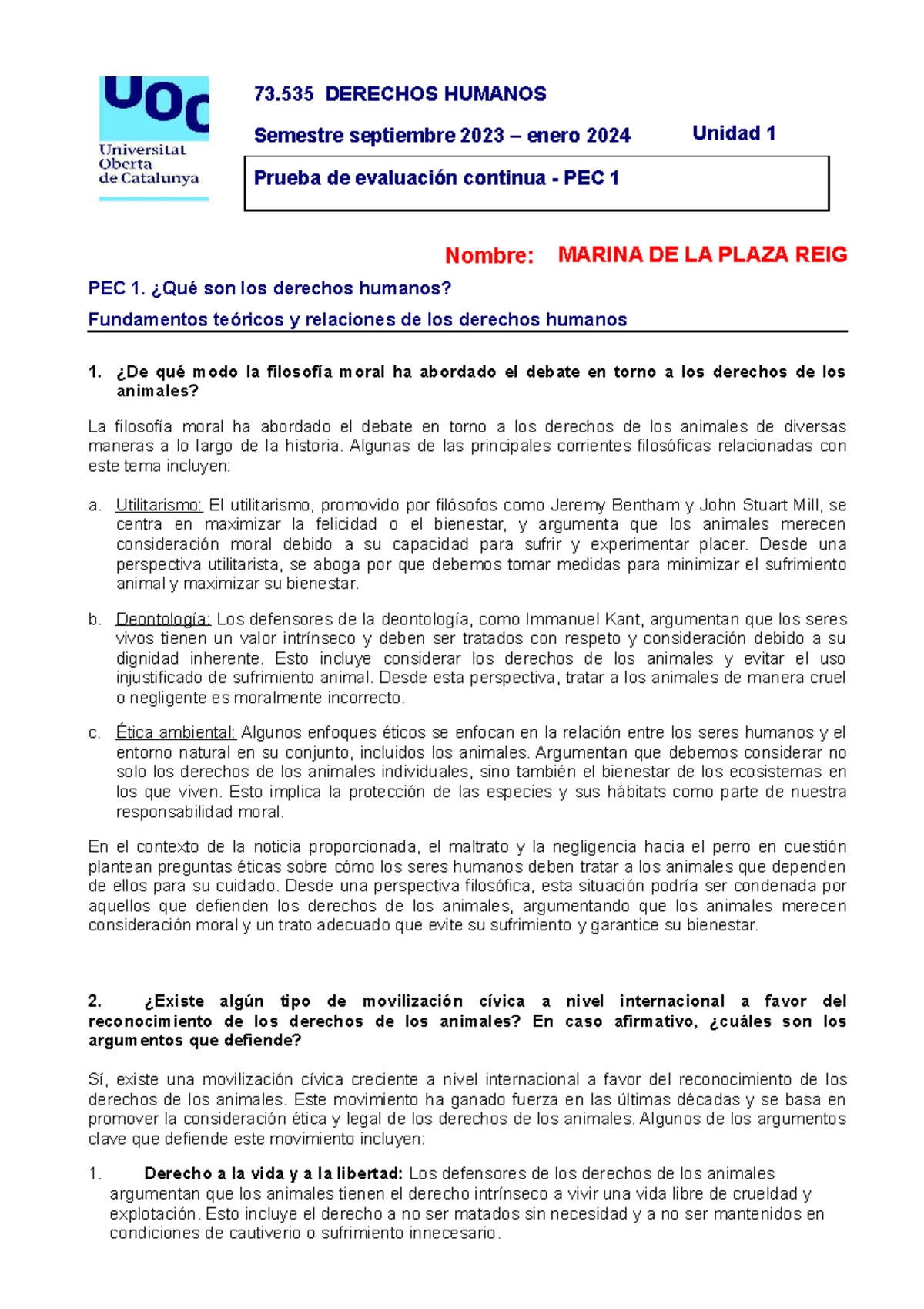 73.535 PEC 1 Mdelaplaza - 73 DERECHOS HUMANOS Semestre septiembre 2023 – enero 2024 Unidad 1 ...