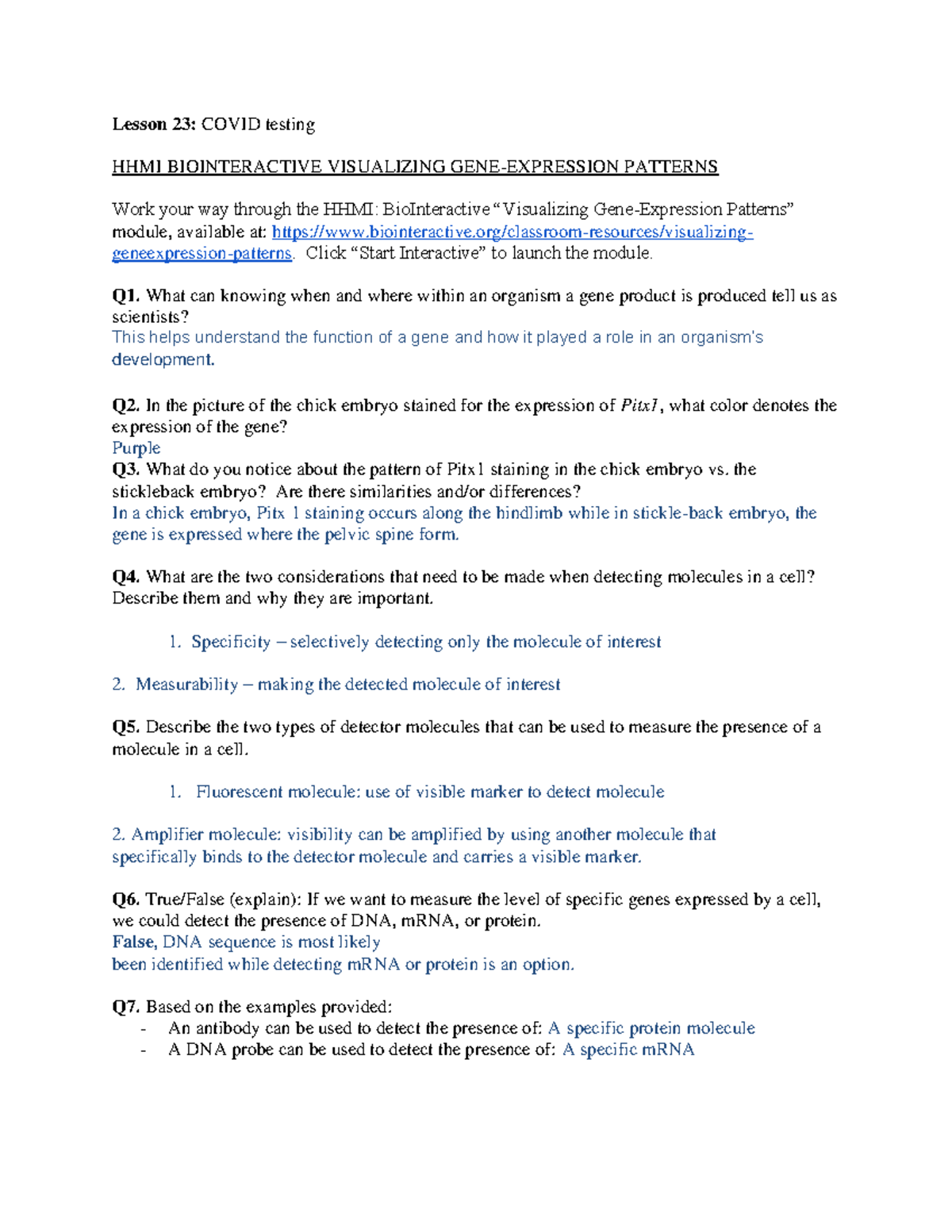 Lesson 23 GRQ - Lesson 23 : COVID testing HHMI BIOINTERACTIVE ...