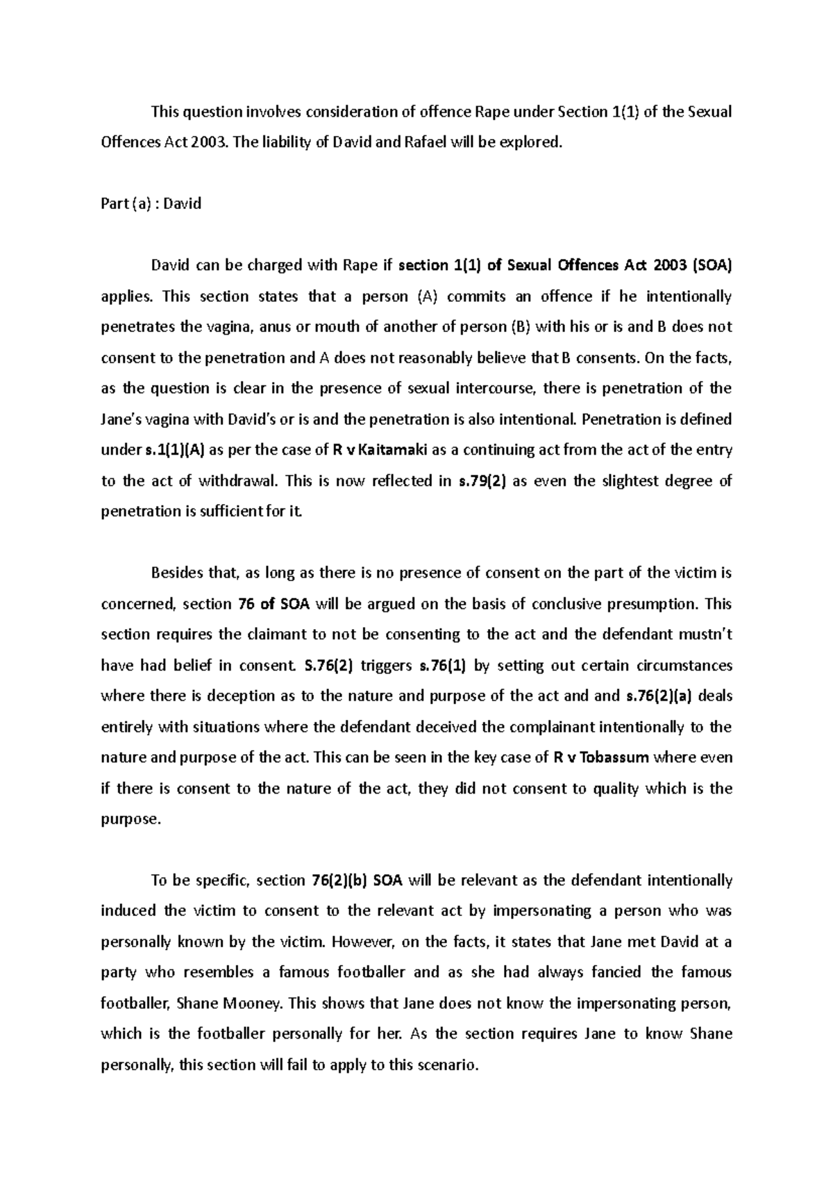SOA (David and Rafael)-2 - This question involves consideration of offence Rape under Section 1 ...