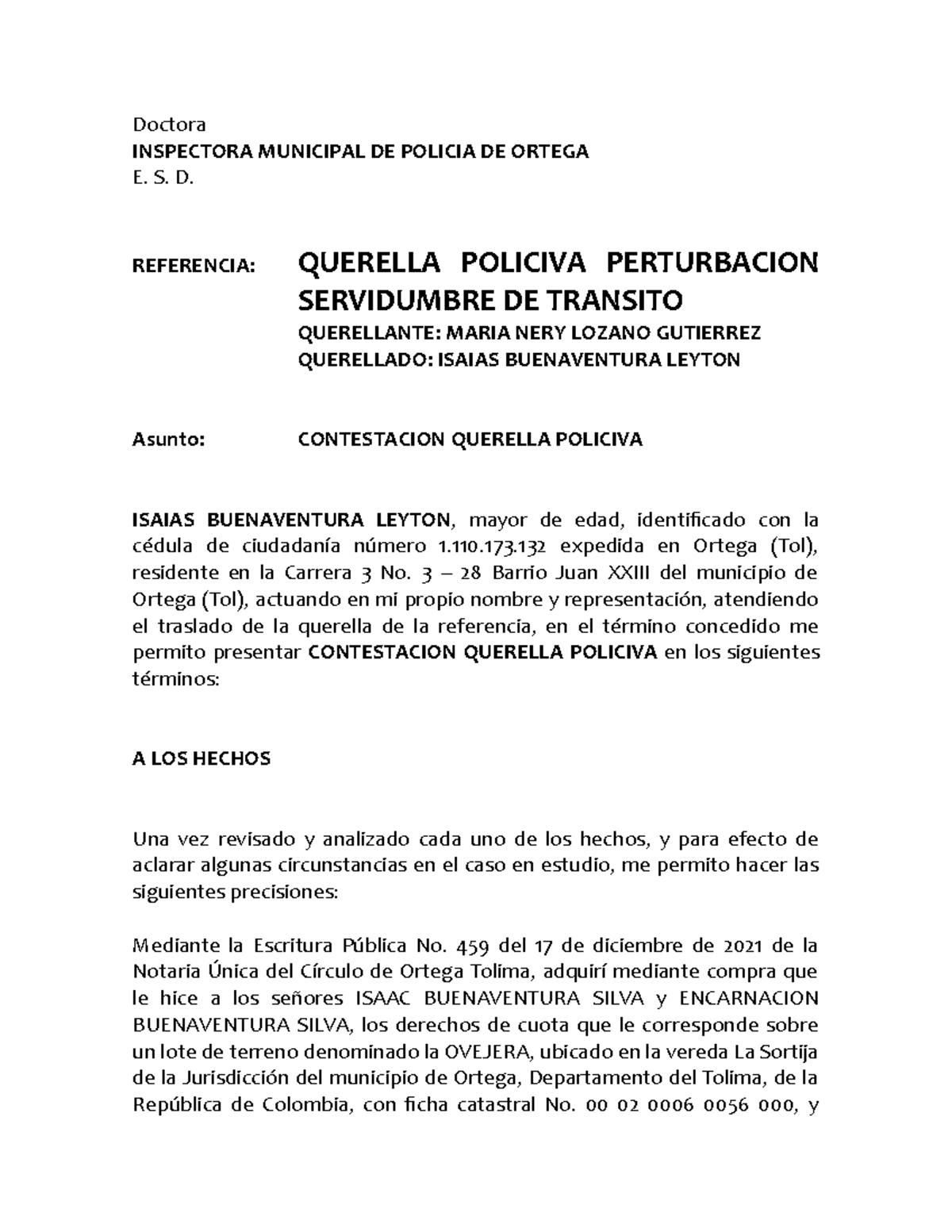 Contestacion Querella Isaac Buenaventura - Doctora INSPECTORA MUNICIPAL ...