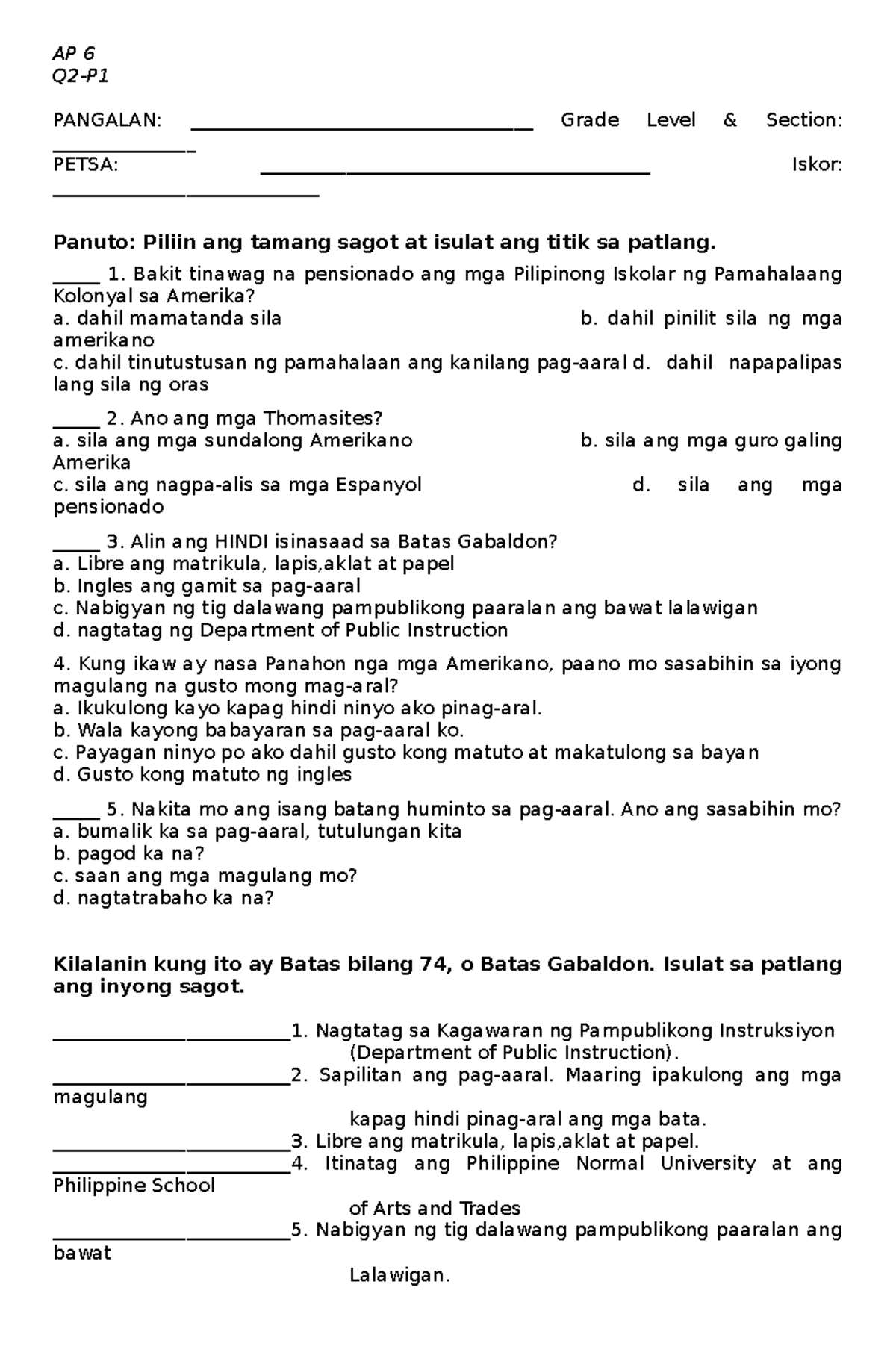 Pagsusulit - AP 6 Q2-P PANGALAN ...