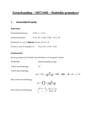 Formelsamling stat Gk 2023 - Formelsamling i statistikk Statistikk for ...