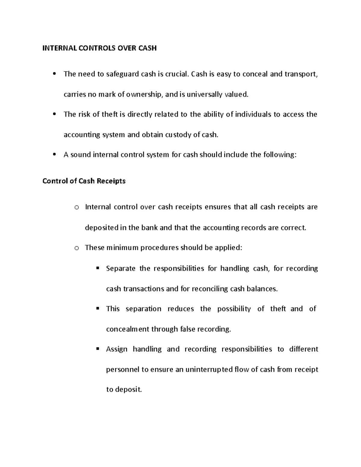 Internal Controls OVER CASH - INTERNAL CONTROLS OVER CASH The need to ...