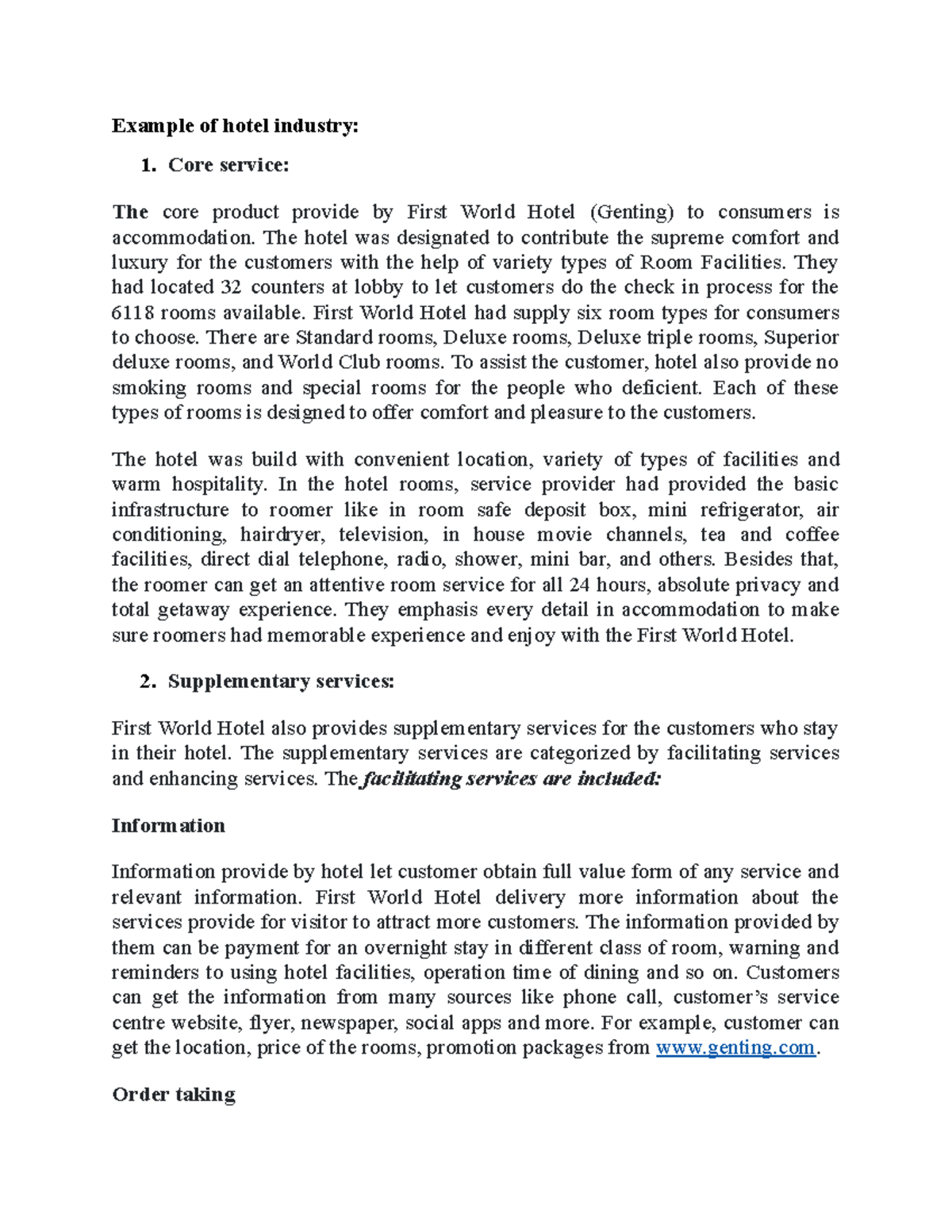 Case Study Flower of Services - Example of hotel industry: 1. Core ...