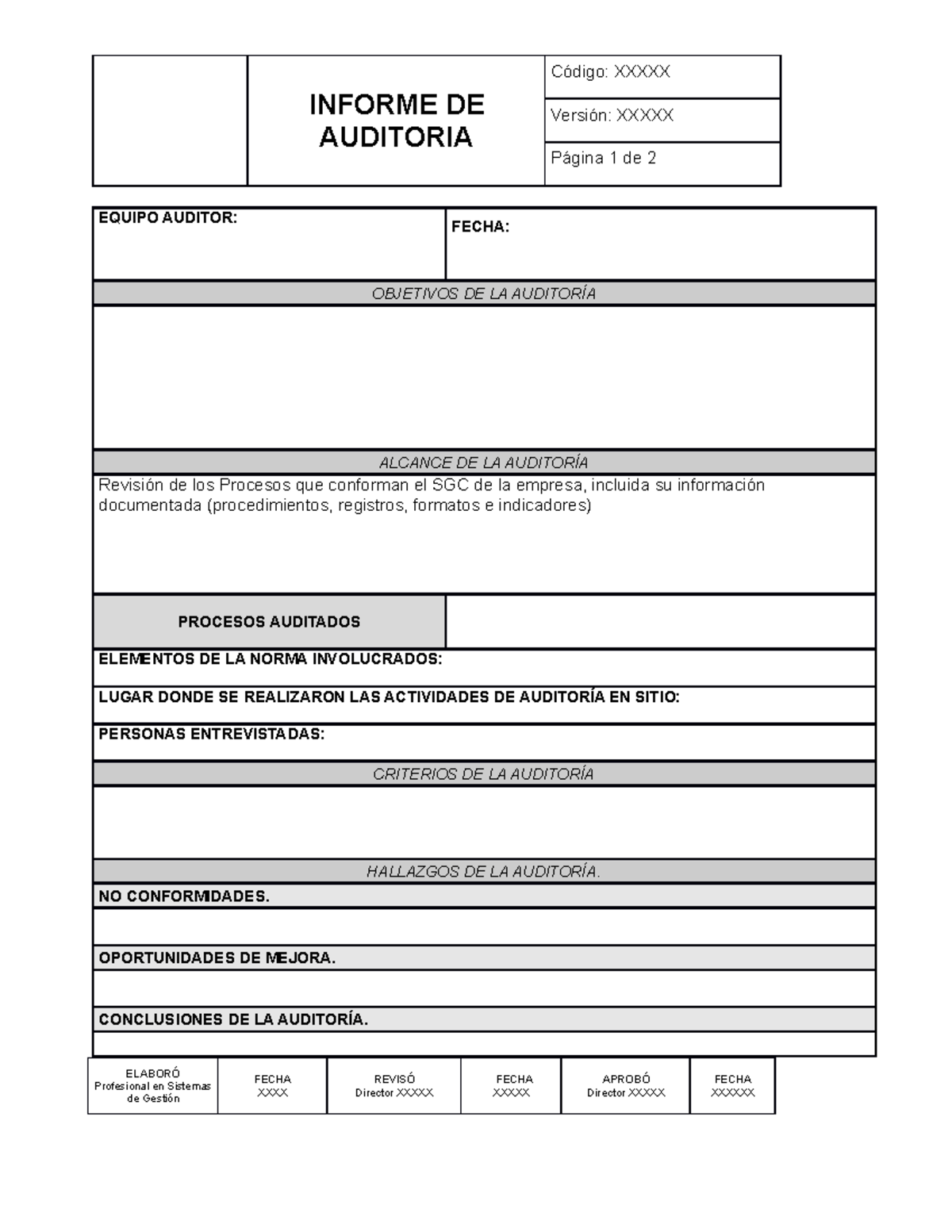 Formato 4- Informe-DE- Auditoria - INFORME DE AUDITORIA Código: XXXXX ...