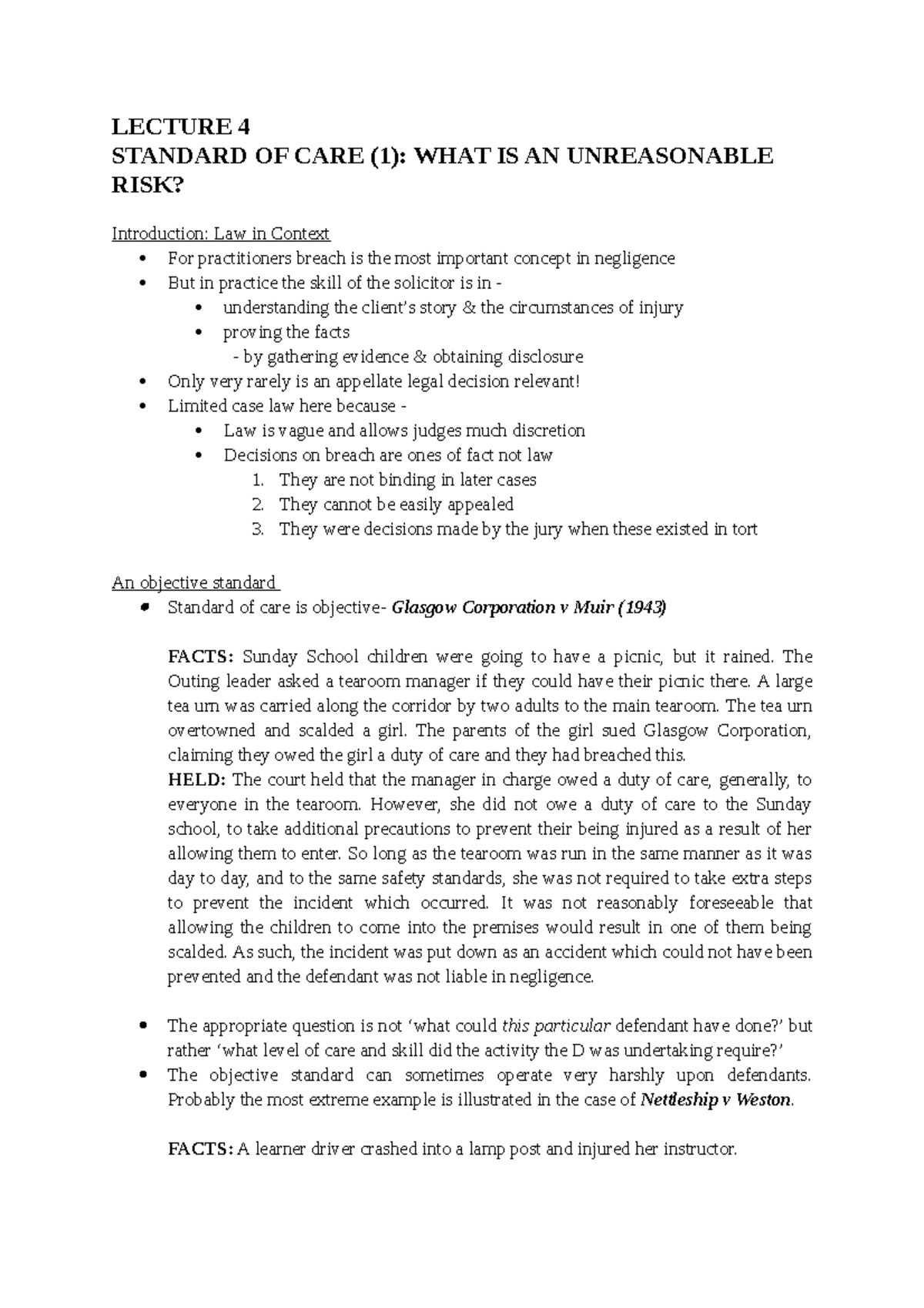 Tort L4 5 Standard of Care 1 2 - LECTURE 4 STANDARD OF CARE (1): WHAT ...