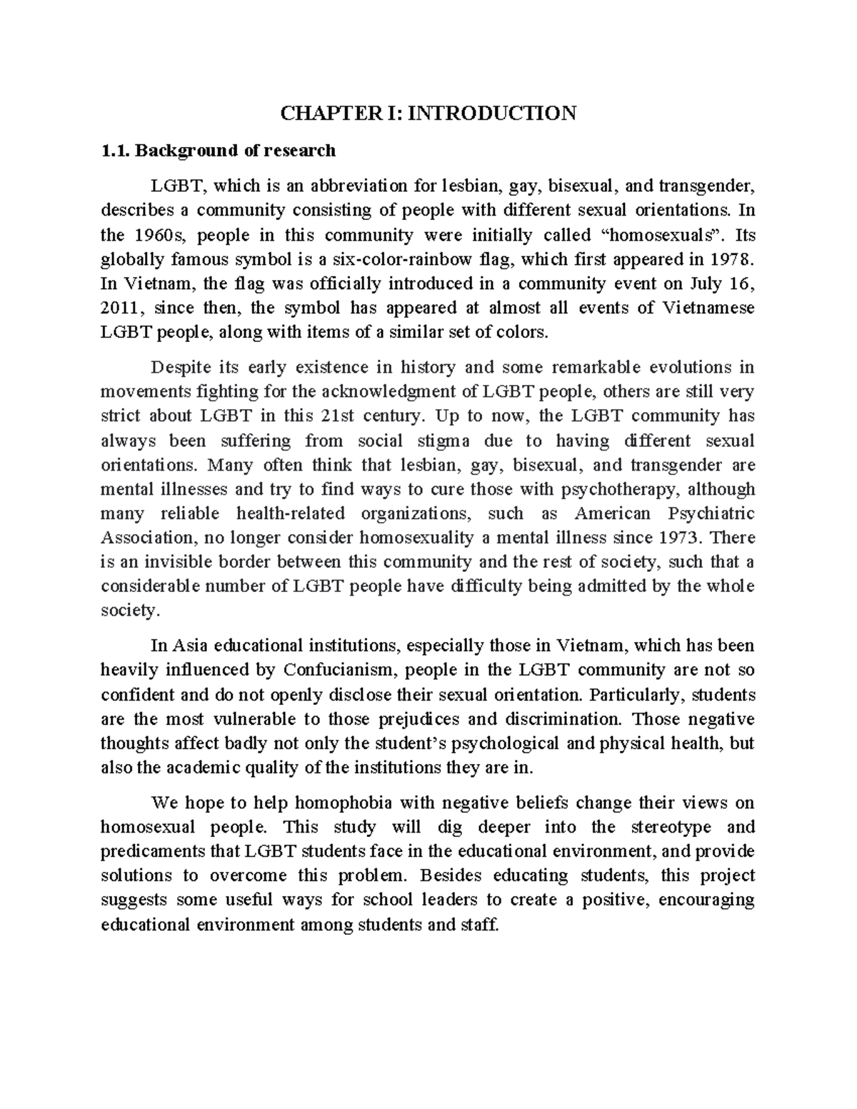 Introduction - no sorry - CHAPTER I: INTRODUCTION Background of research LGBT, which is an - Studocu