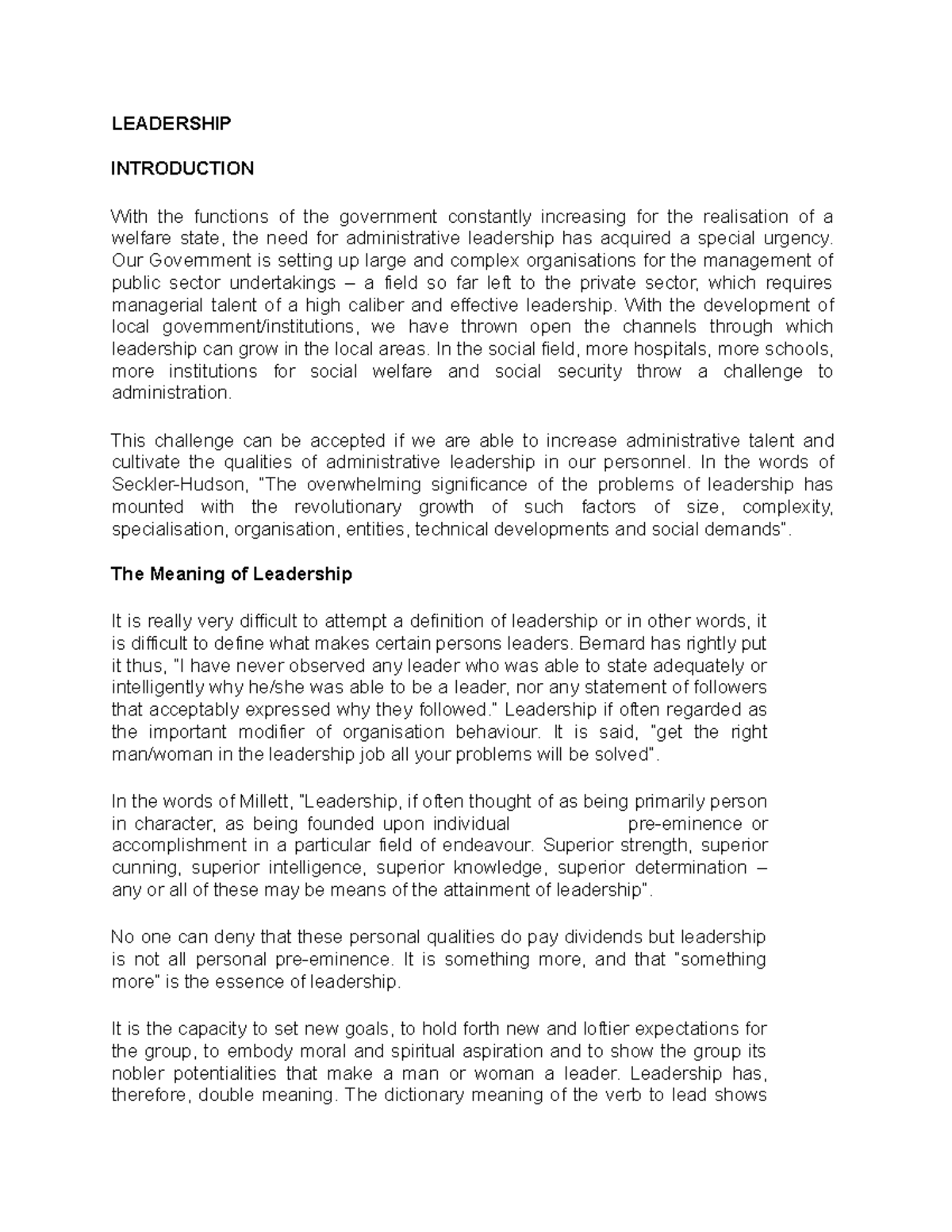 Public Administration - Leadership - LEADERSHIP INTRODUCTION With the functions of the ...