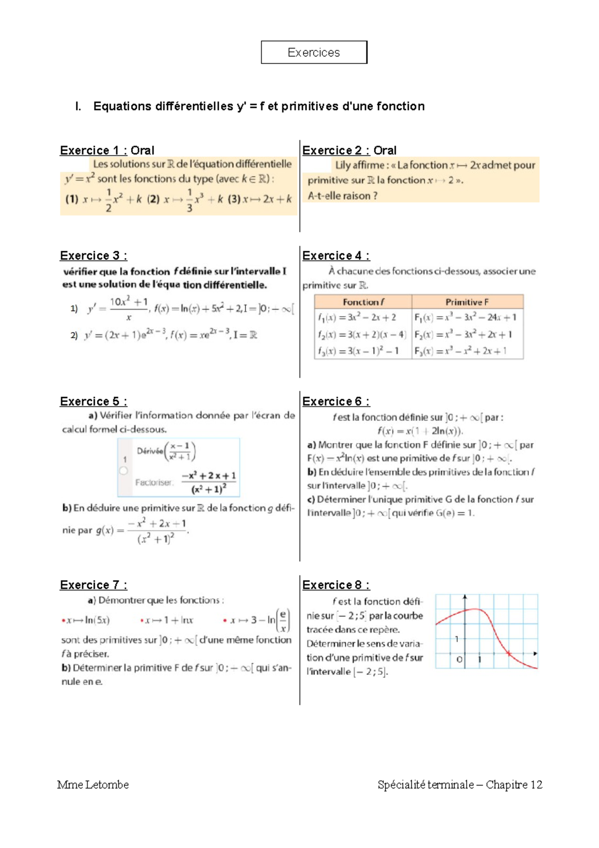 Exo chap 11 équation diff - I. Equations différentielles y' = f et primitives d'une fonction ...