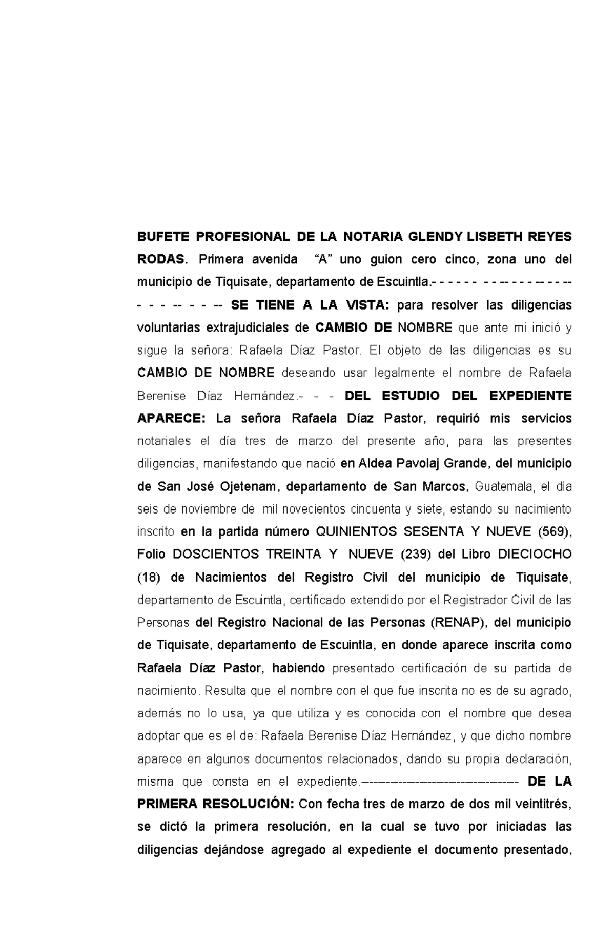 Cambio DE Nombre AUTO Final - BUFETE PROFESIONAL DE LA NOTARIA GLENDY ...