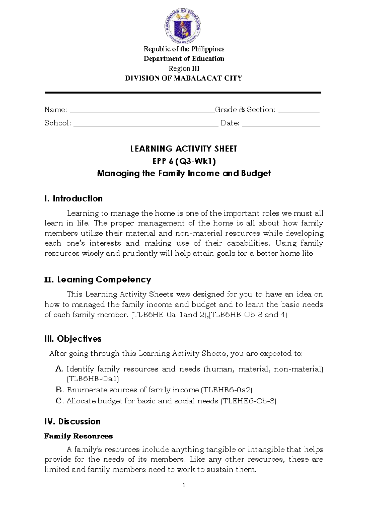 Learning-activity-sheet-epp-6-q3-wk1-managing-the-family-income-and ...