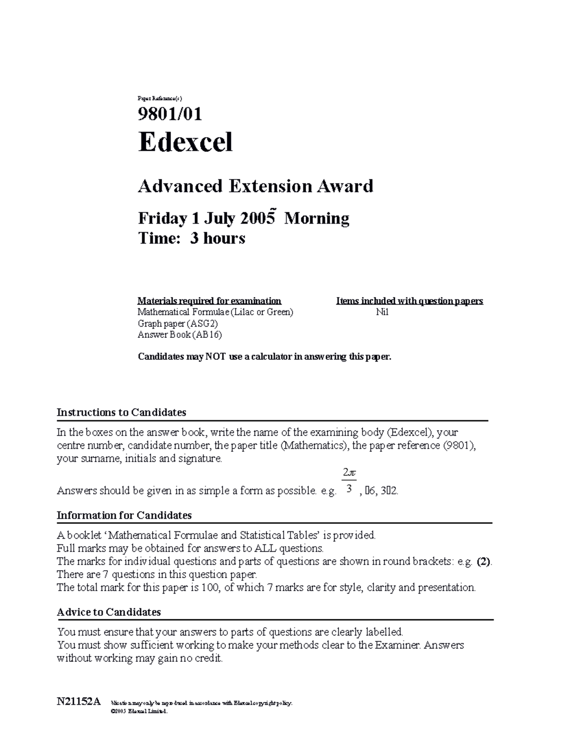 AEA Mathematics July 2005-2 - Paper Reference(s) 9801/ Edexcel Advanced ...