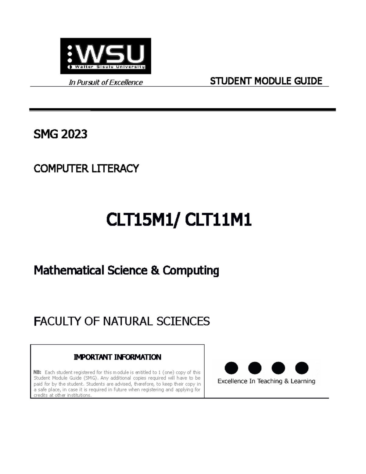 2023 CLT15M1-11M1 Student Module Guide - In Pursuit of Excellence ...