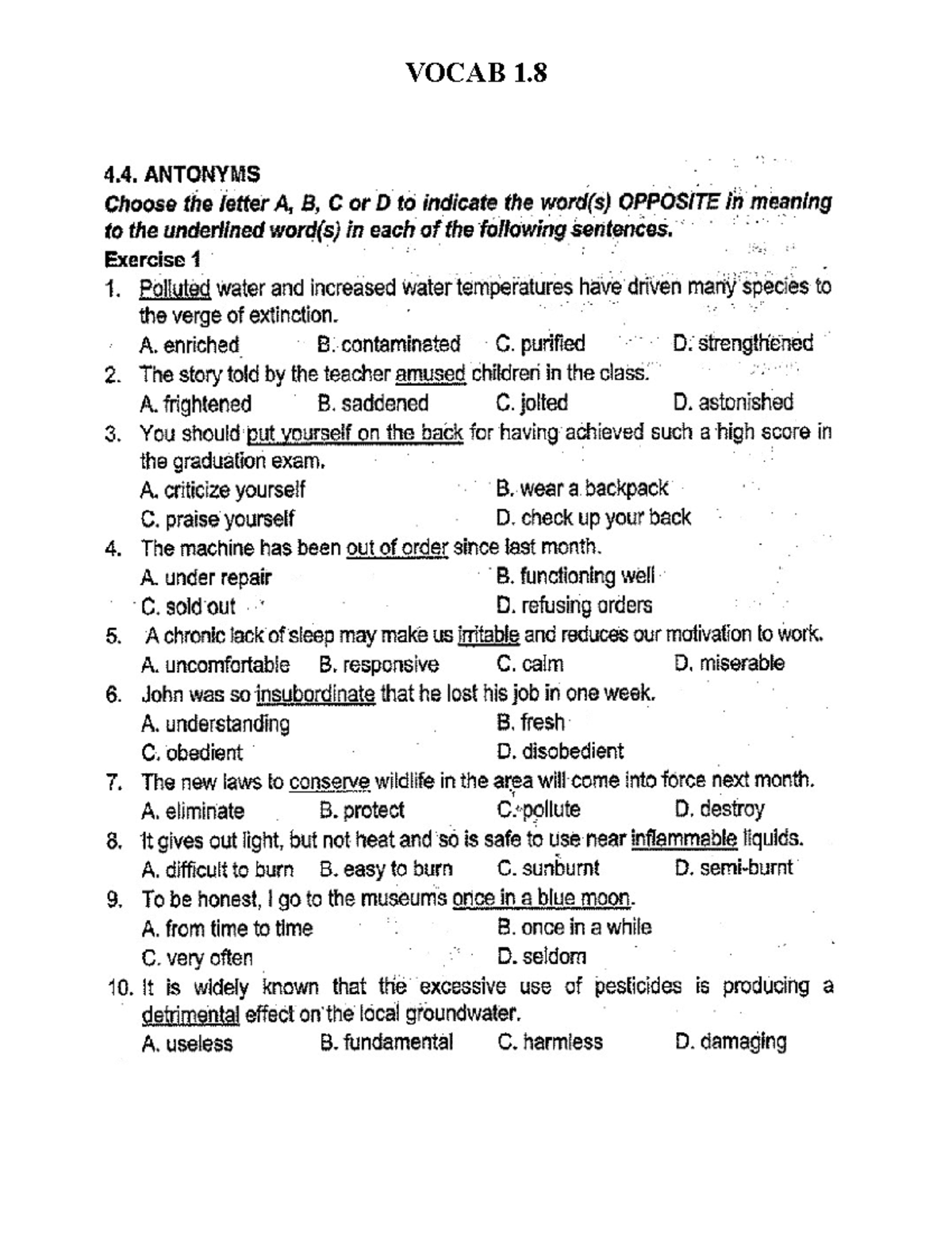 Vocab 1.8 SS - Lecture notes - Tieesng anh b1 - VOCAB 1. - Studocu