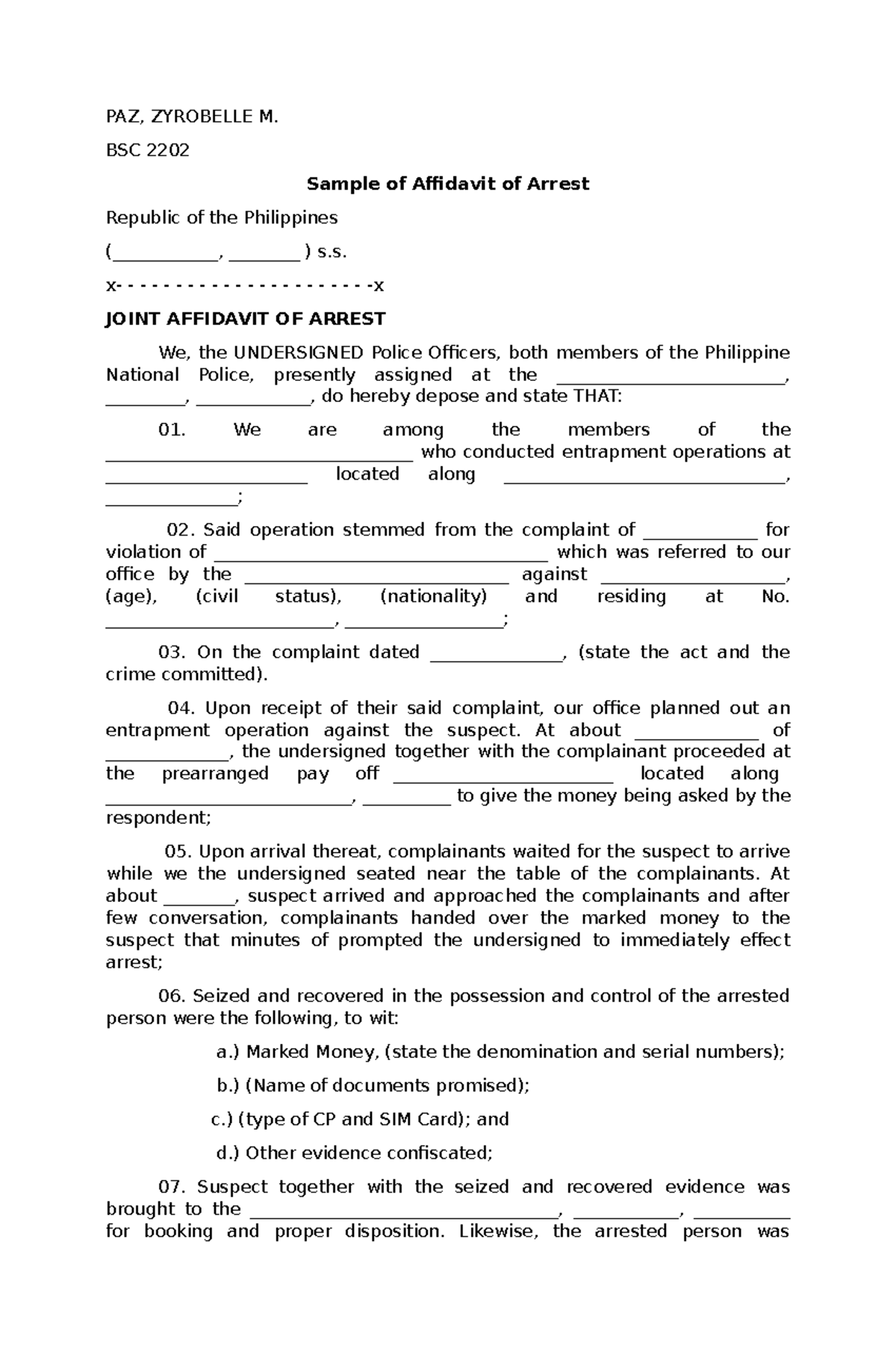 PAZ Zyrobelle Sample Affidavits - PAZ, ZYROBELLE M. BSC 2202 Sample of ...