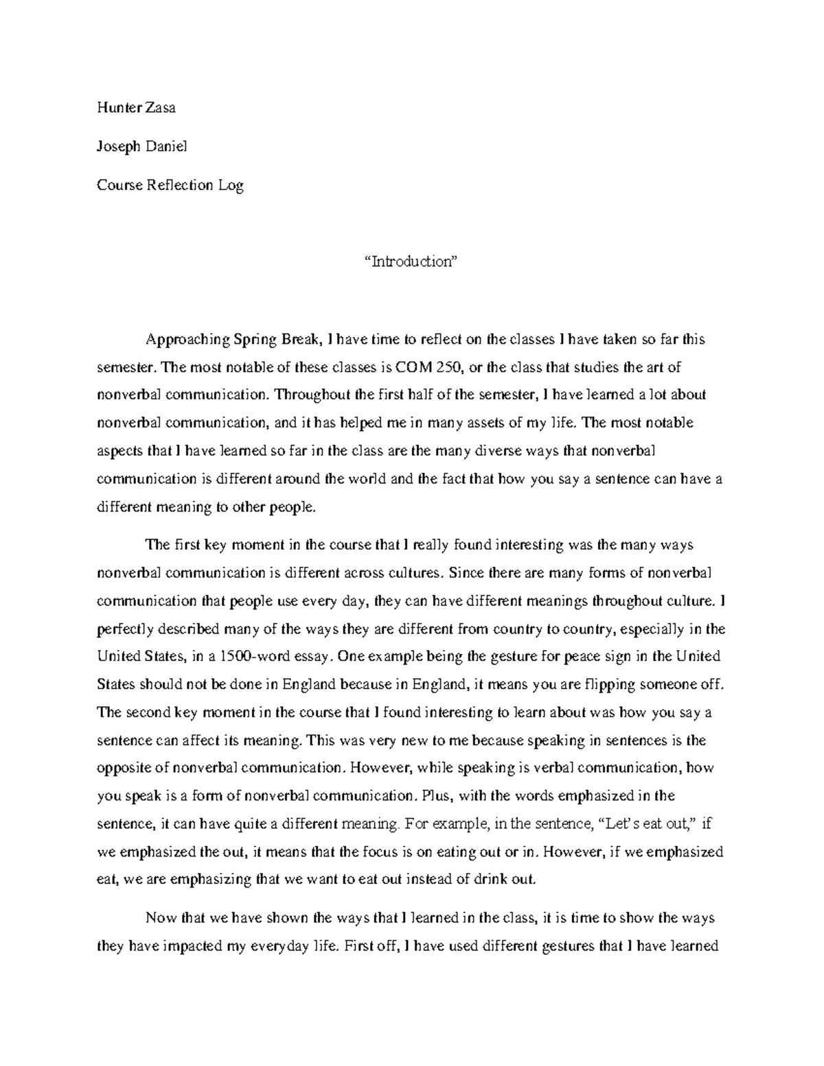 Course Reflection Log - Hunter Zasa Joseph Daniel Course Reflection Log ...