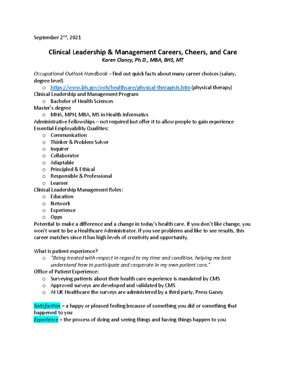 HHS 101 Guest Speaker Notes - September 2nd, 2021 Clinical Leadership ...