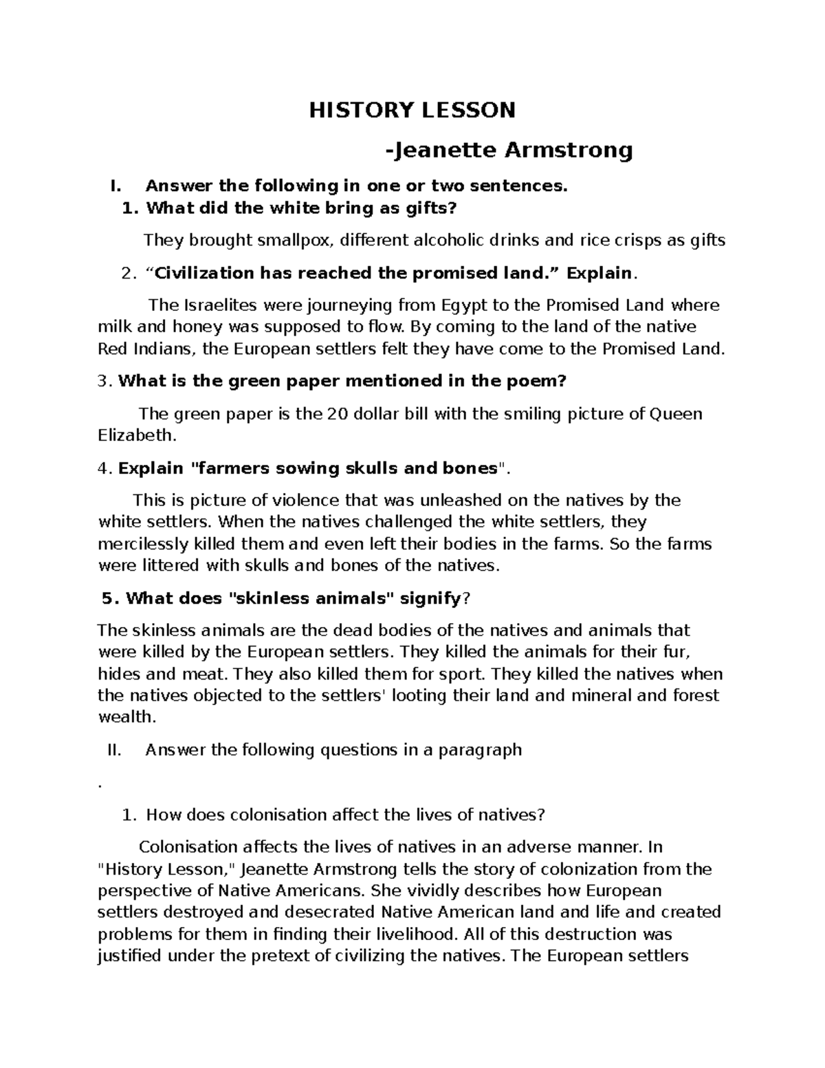 Notes history lesson - HISTORY LESSON -Jeanette Armstrong I. Answer the ...