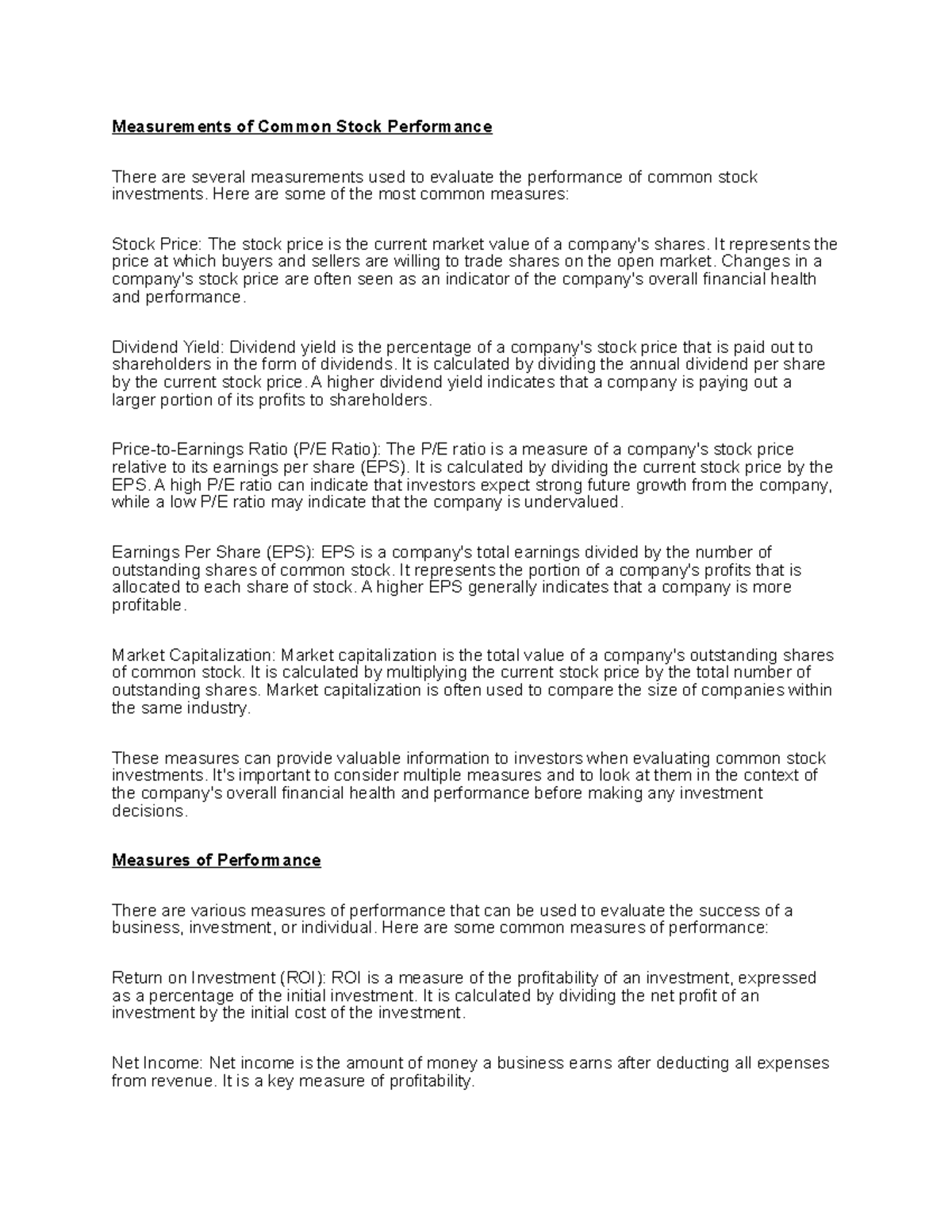 Measurements of Common Stock Performance - Here are some of the most ...