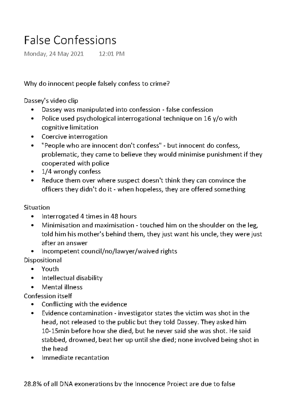 False confessions - Memory and Cognition - PSYCH322 - UOW - StuDocu