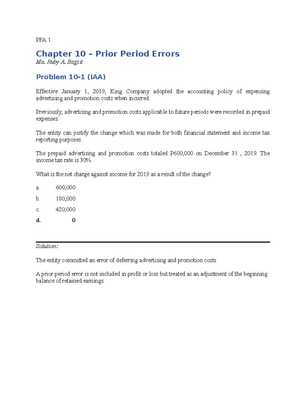 Conceptual Framework AS-PFA-10 - PFA 1 Chapter 10 – Prior Period Errors ...