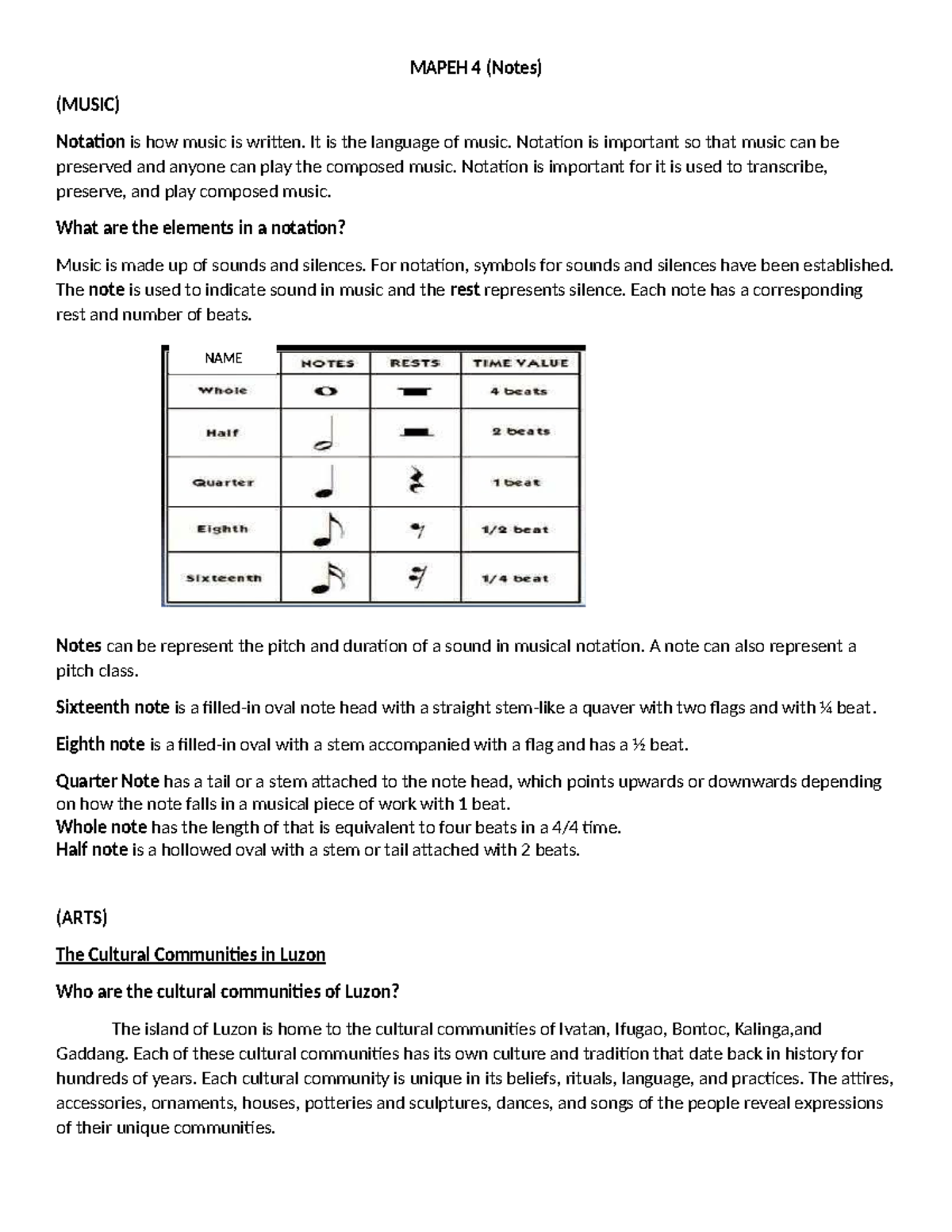 Mapeh 4 (Notes) - MAPEH 4 (Notes) (MUSIC) Notation is how music is ...