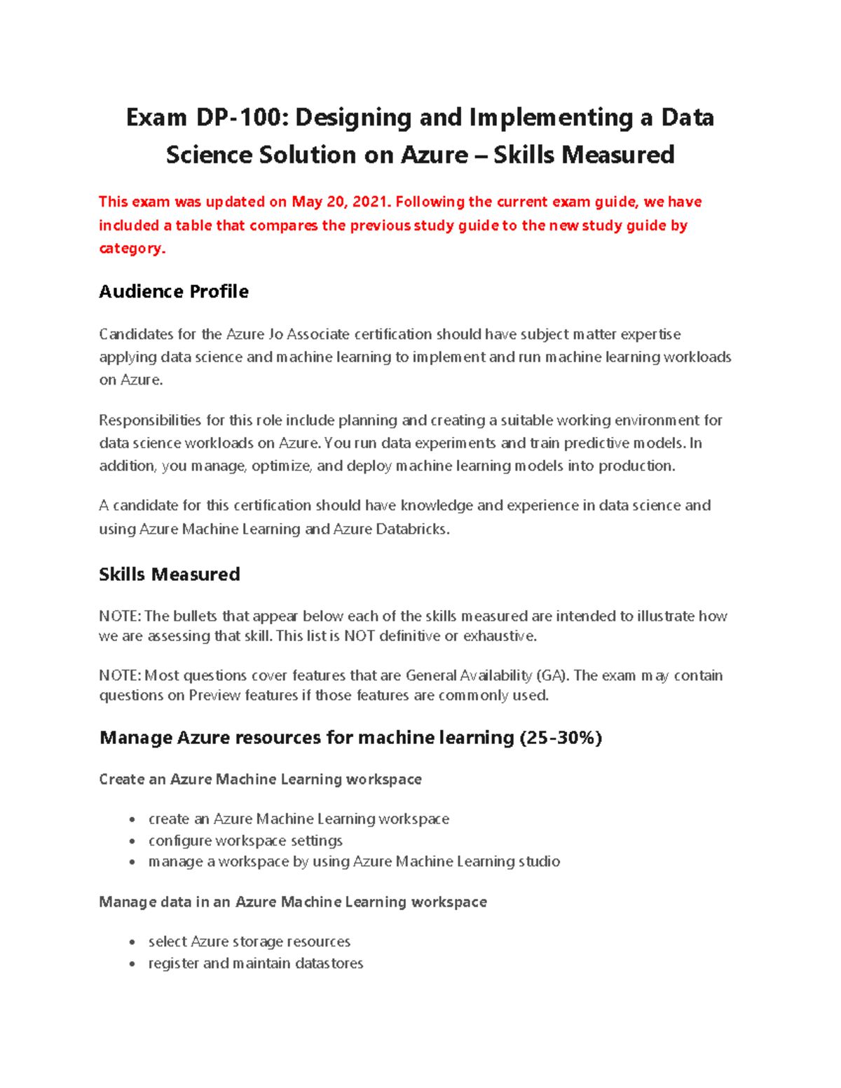 Exam Dp 100 Data Science Solution On Azure Skills Measured Exam Dp 100 Designing And
