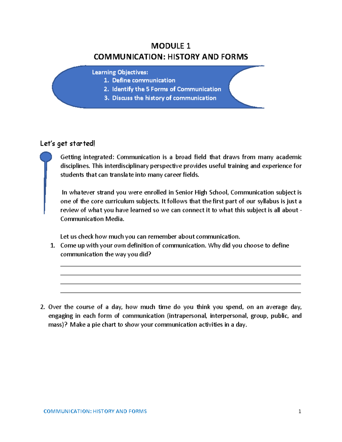 Module 1 Communication History AND Forms 1 - MODULE 1 COMMUNICATION ...