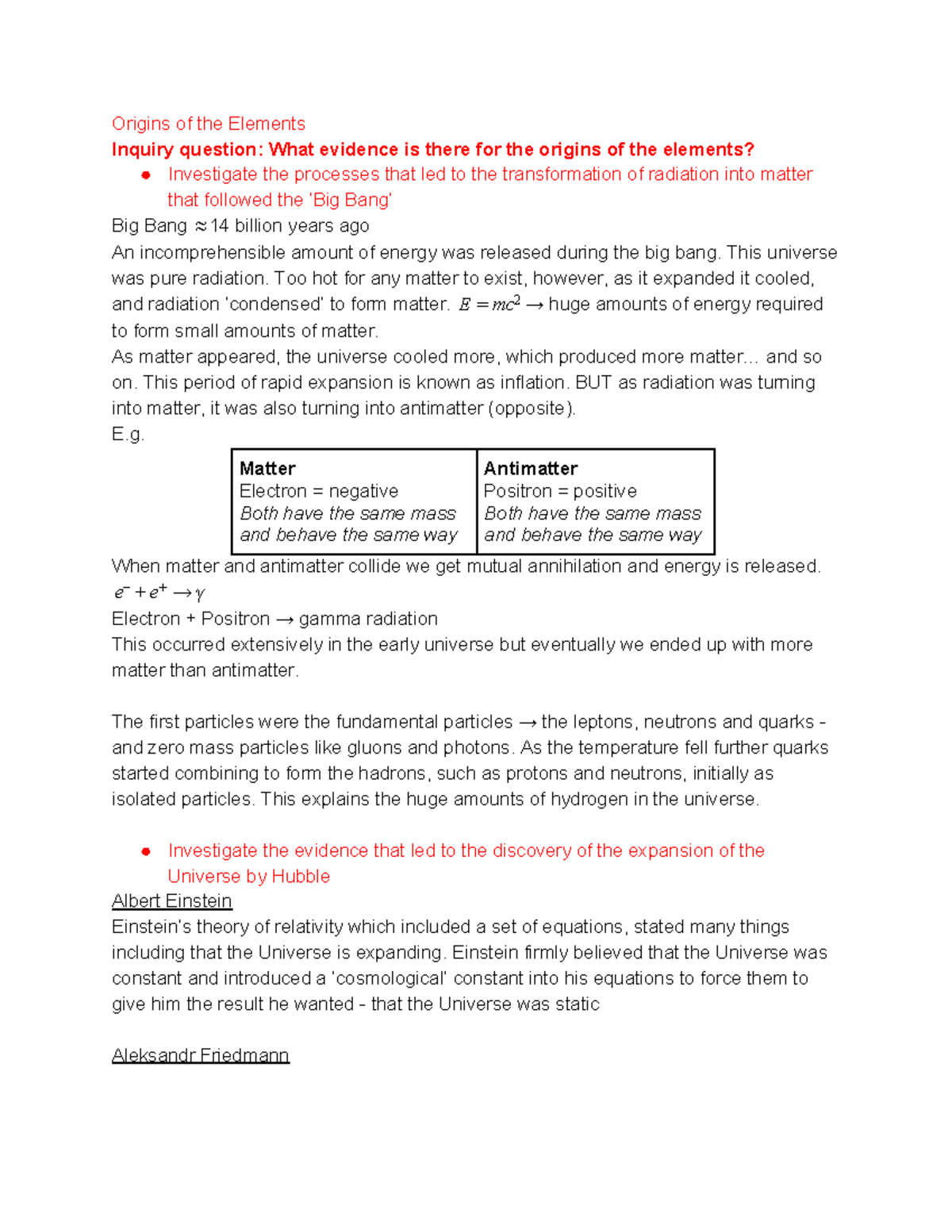 Physics - Module 8 study notes - Origins of the Elements Inquiry ...
