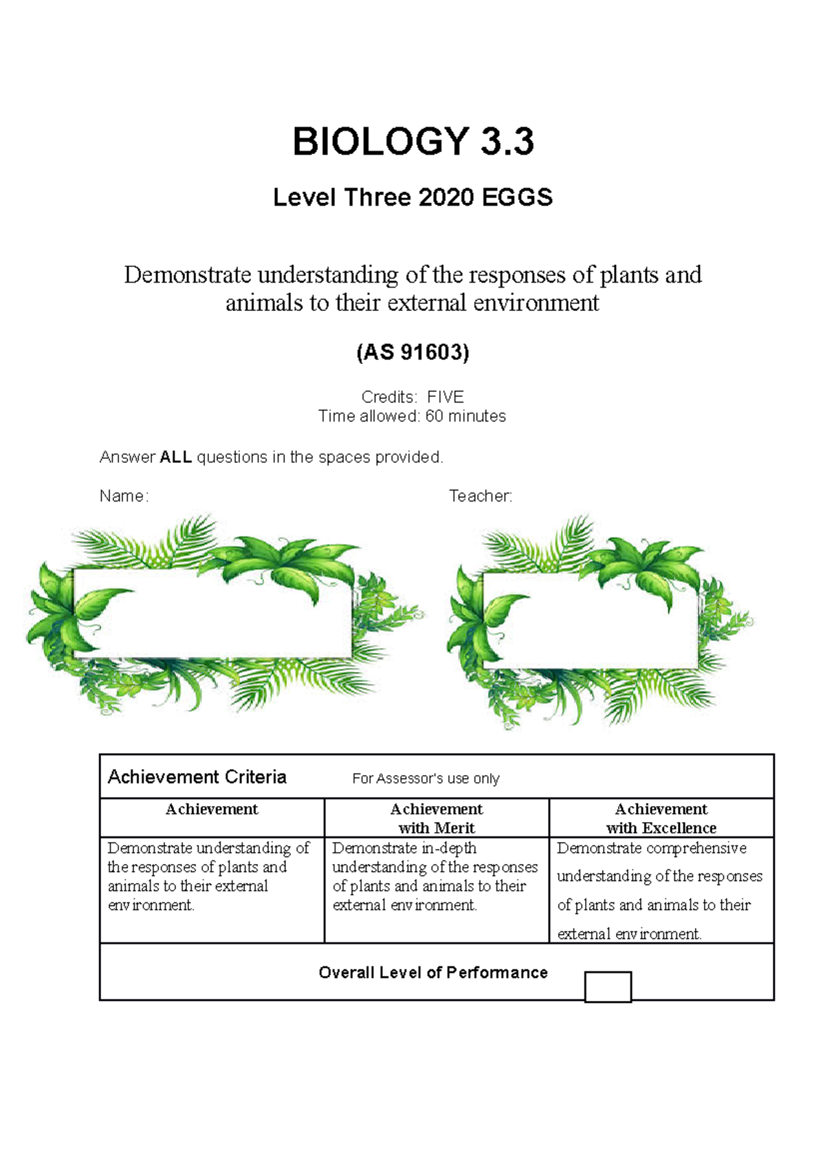 Plants Animals - practices - BIOLOGY 3. Level Three 2020 EGGS ...