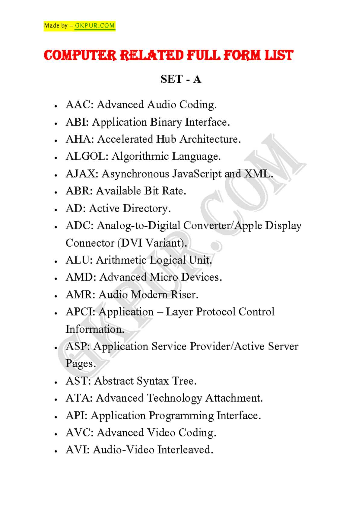 A To Z Computer Related Full Form - Computer Related Full Form List SET - A AAC: Advanced Audio ...